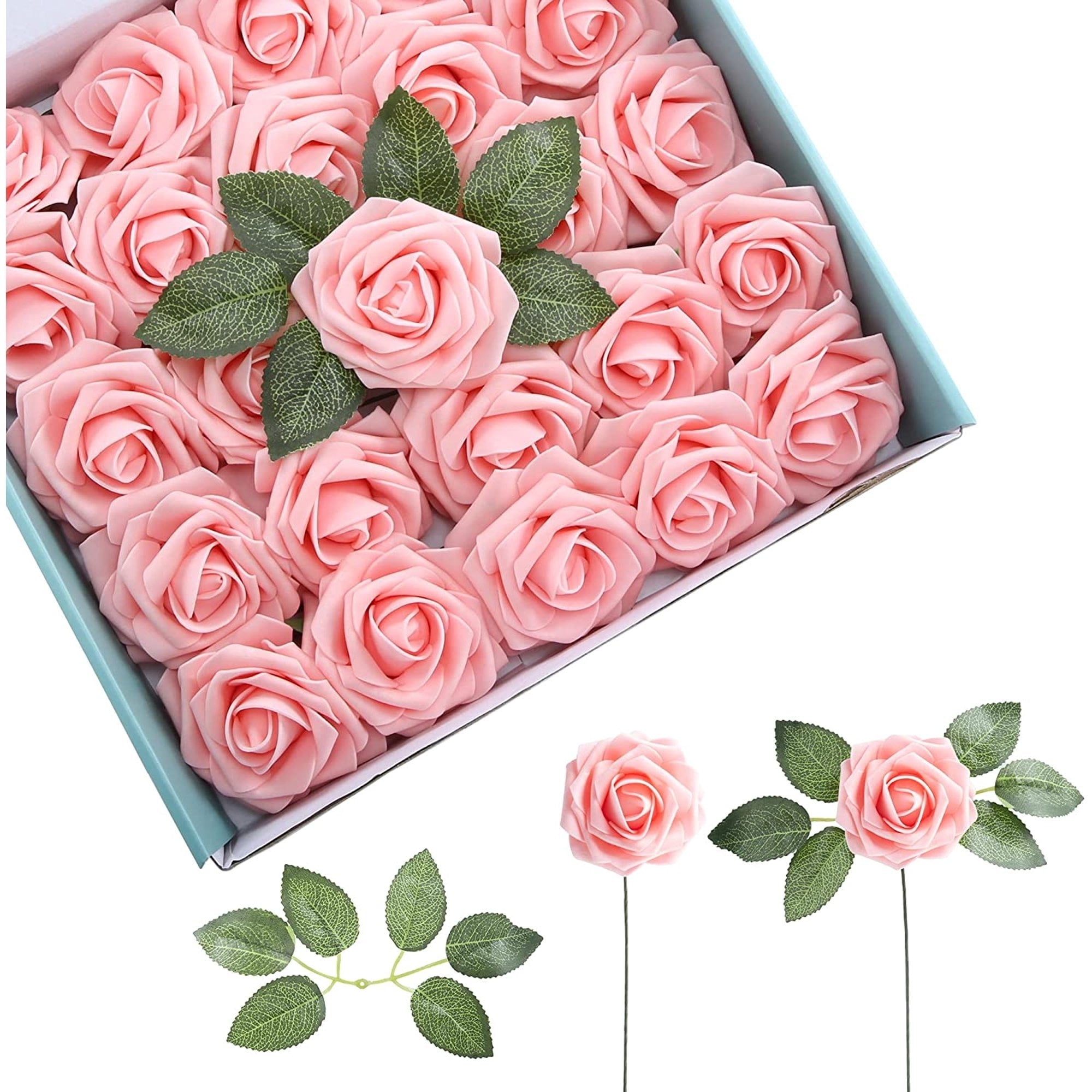 Artificial Flowers Roses, 50 Pcs Pink Fake Roses with Stems Faux ...