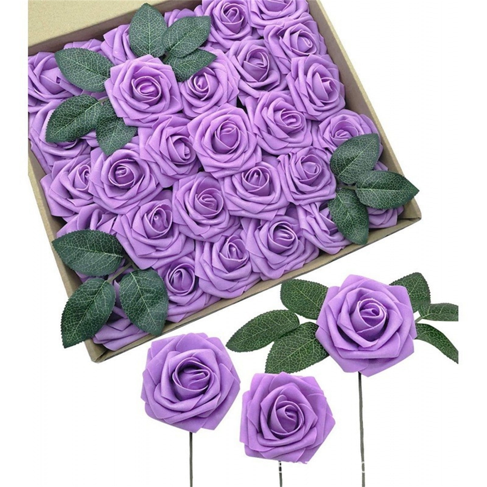 Artificial Flowers Roses Bulk 25Pcs Real Looking Fake Purple Floral ...