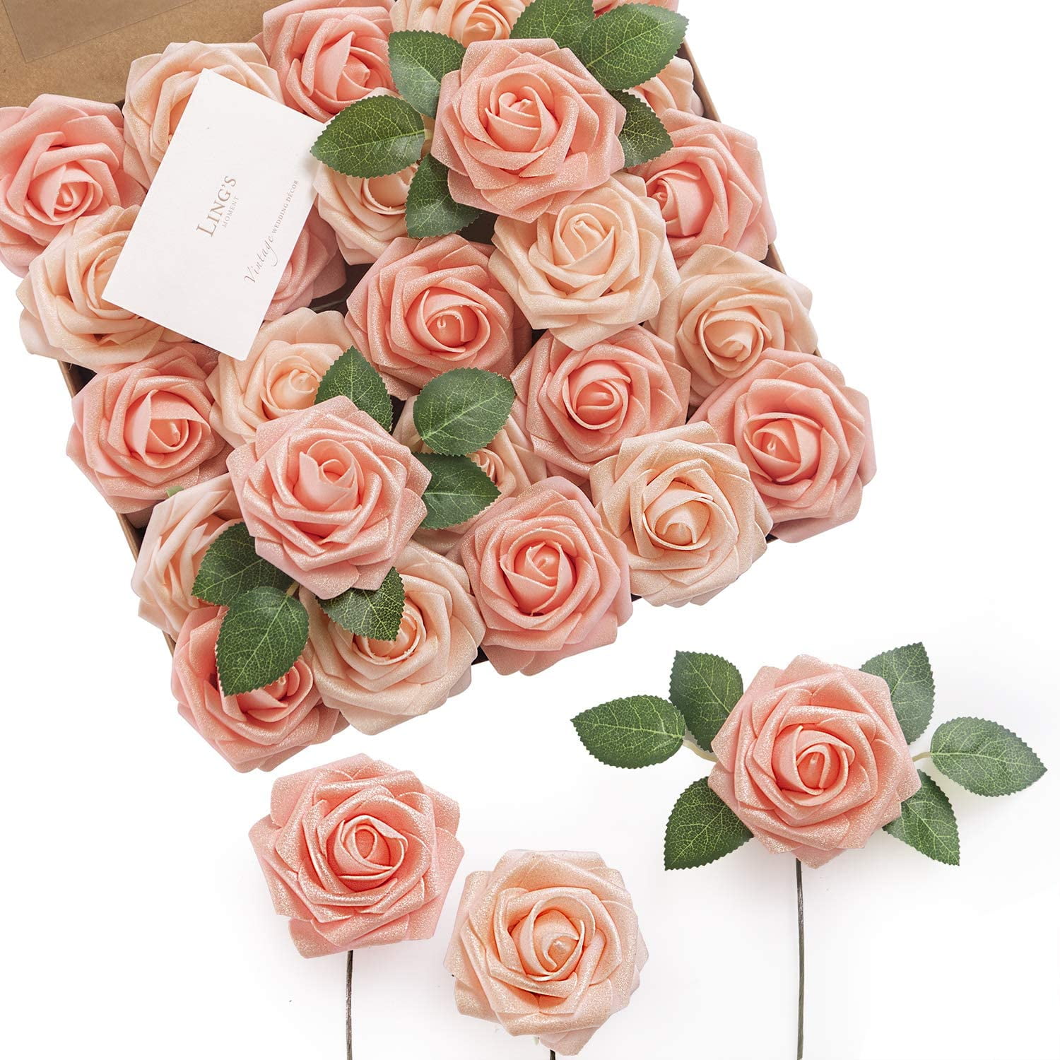 Artificial Flowers Shimmer Blush & Peach Roses 25pcs Real Looking Fake ...