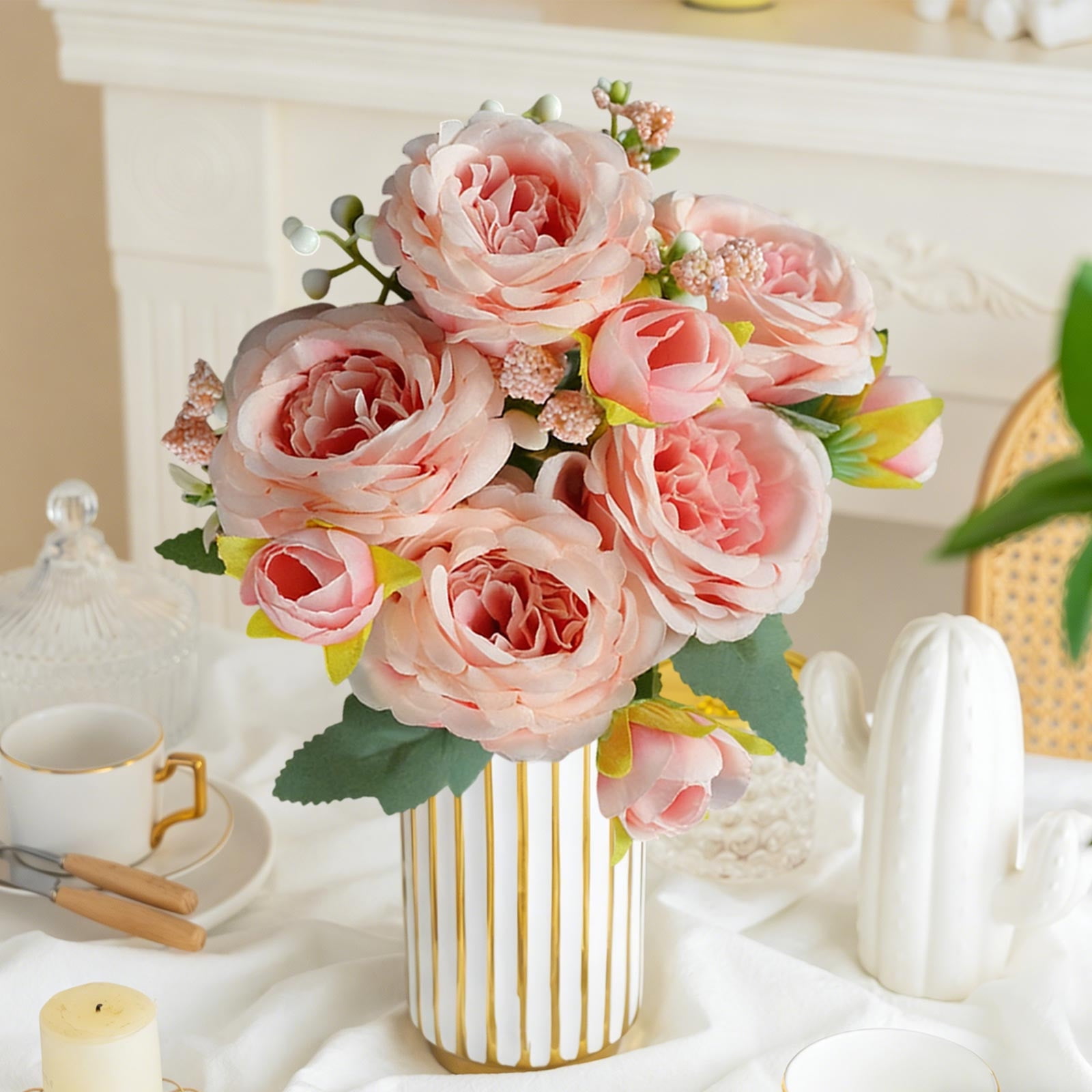 Artificial Flowers, Silk Rose Bouquet, Hyper-Realistic 5 Branches Silk ...