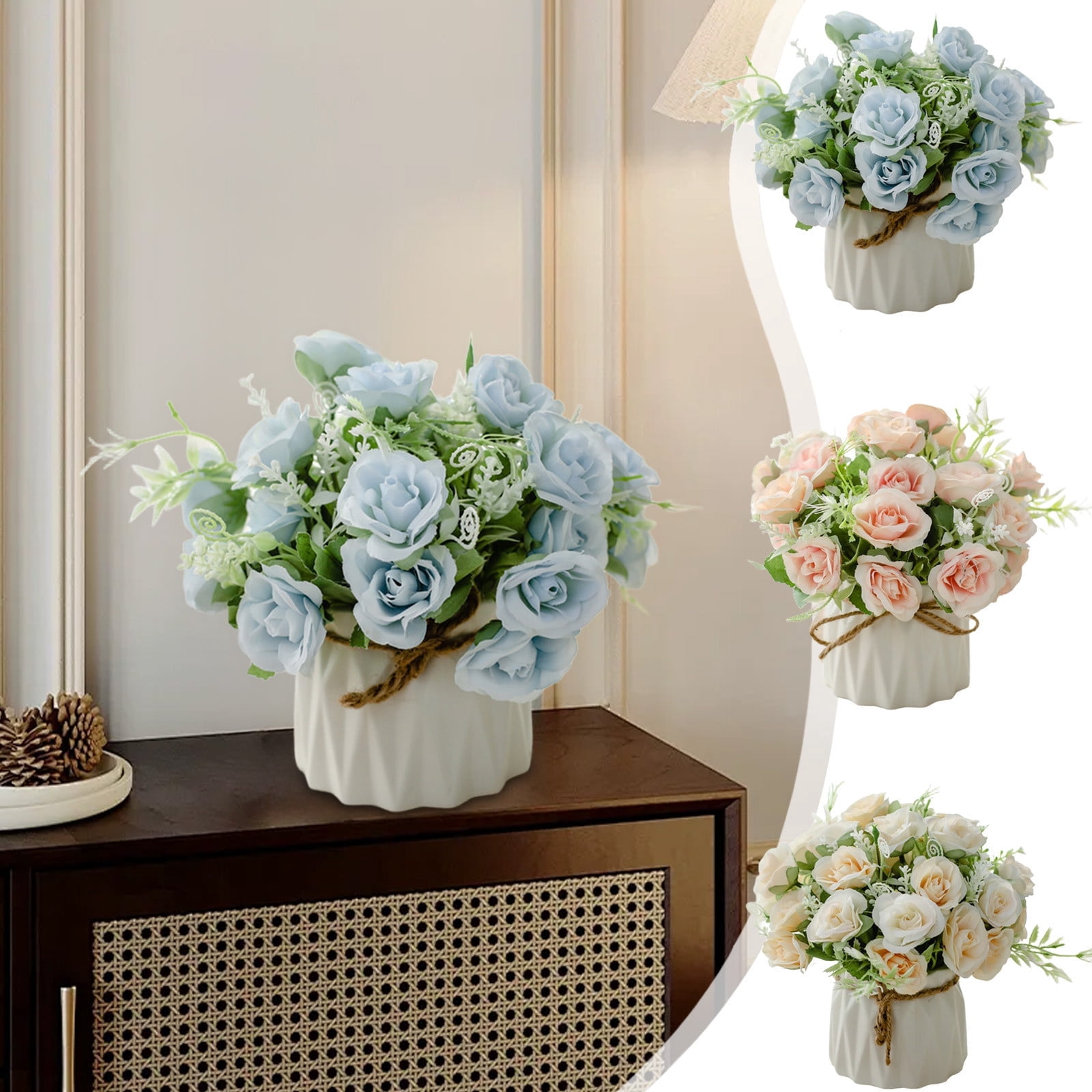 Artificial Flowers, Small Ceramic Vase Fake Silk Flower Balls, Variety ...