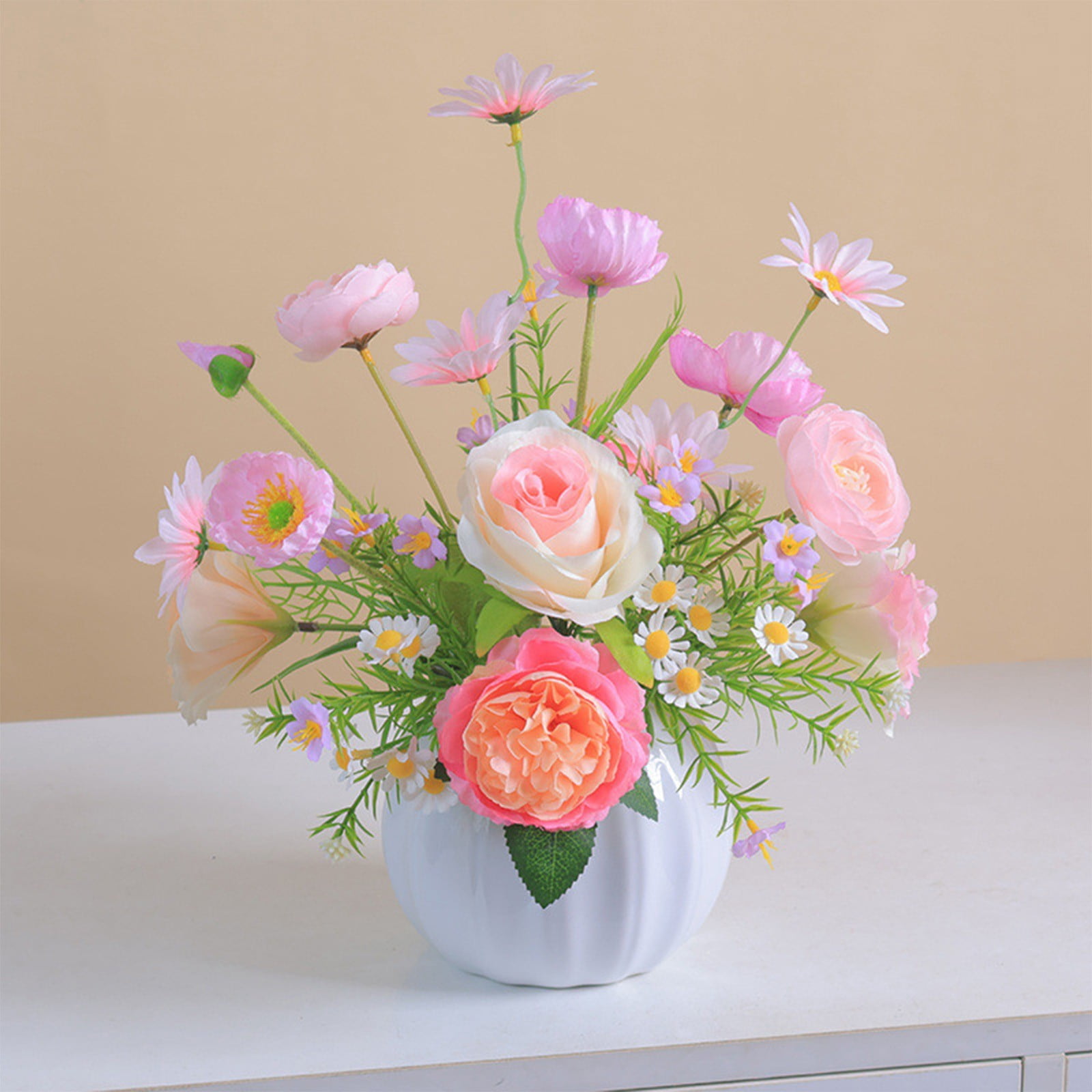 Artificial Flowers with Vase, Orange & Champagne Fake Rose & Ranunculus ...