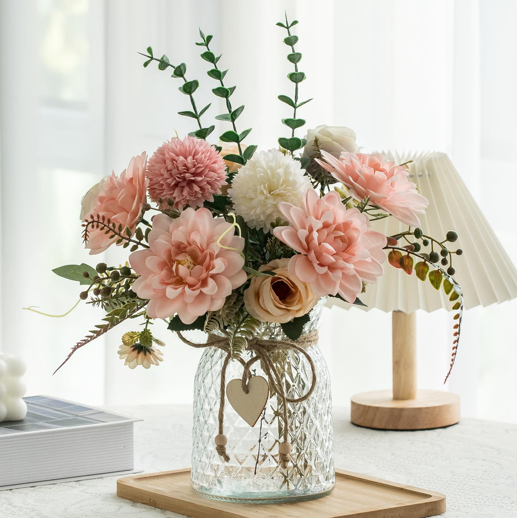 Silk Dahlia Fake Flowers in Vase, Pink Artificial Flowers for Home ...