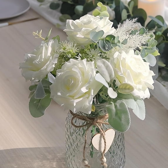 Artificial Flowers with Vase, White Silk Roses Fake Flower Arrangement ...