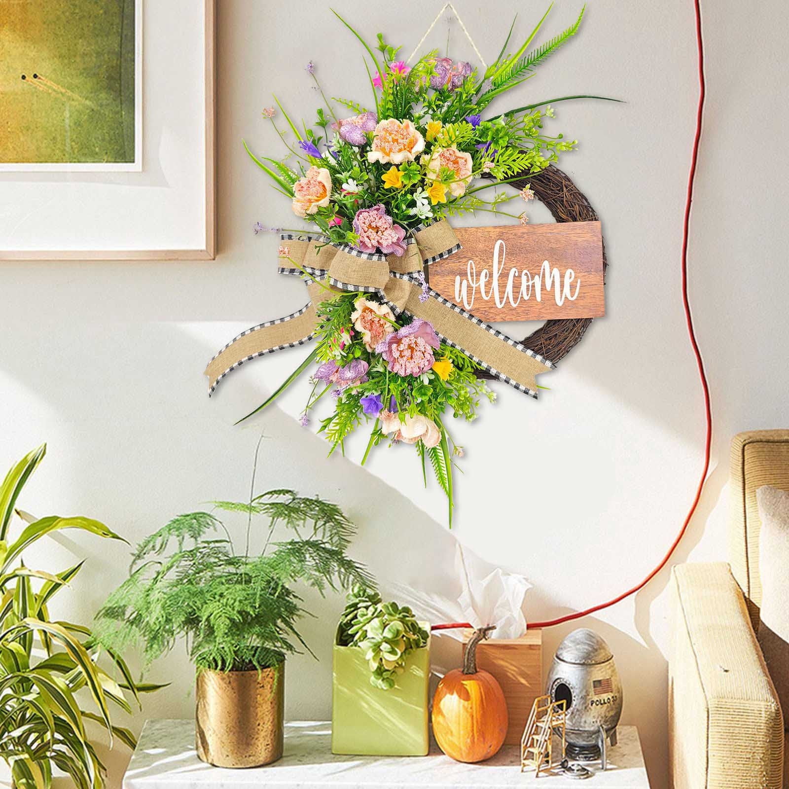 Artificial Flowers for Outdoors, Spring Wooden Sign Garland Bow ...