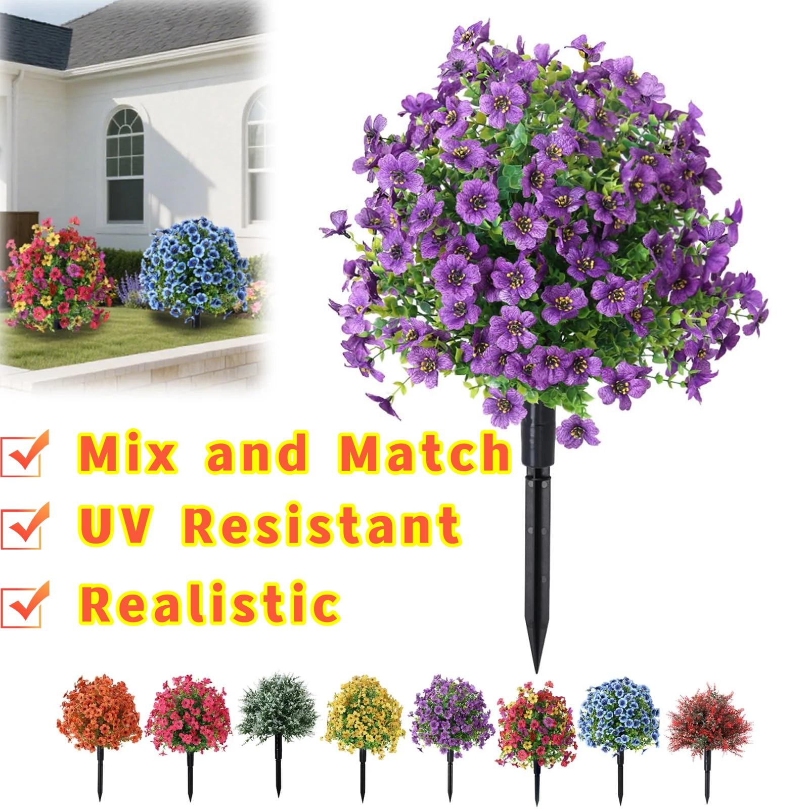 Artificial Flowers for Outdoors with Ground Stakes, 22", Lifelike Faux ...