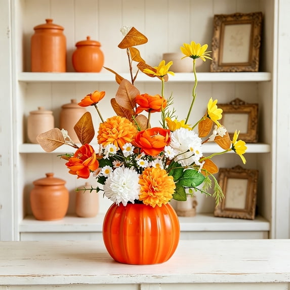 Artificial Flowers in Pumpkin Ceramic Vase, Silk Flower Arrangement for ...