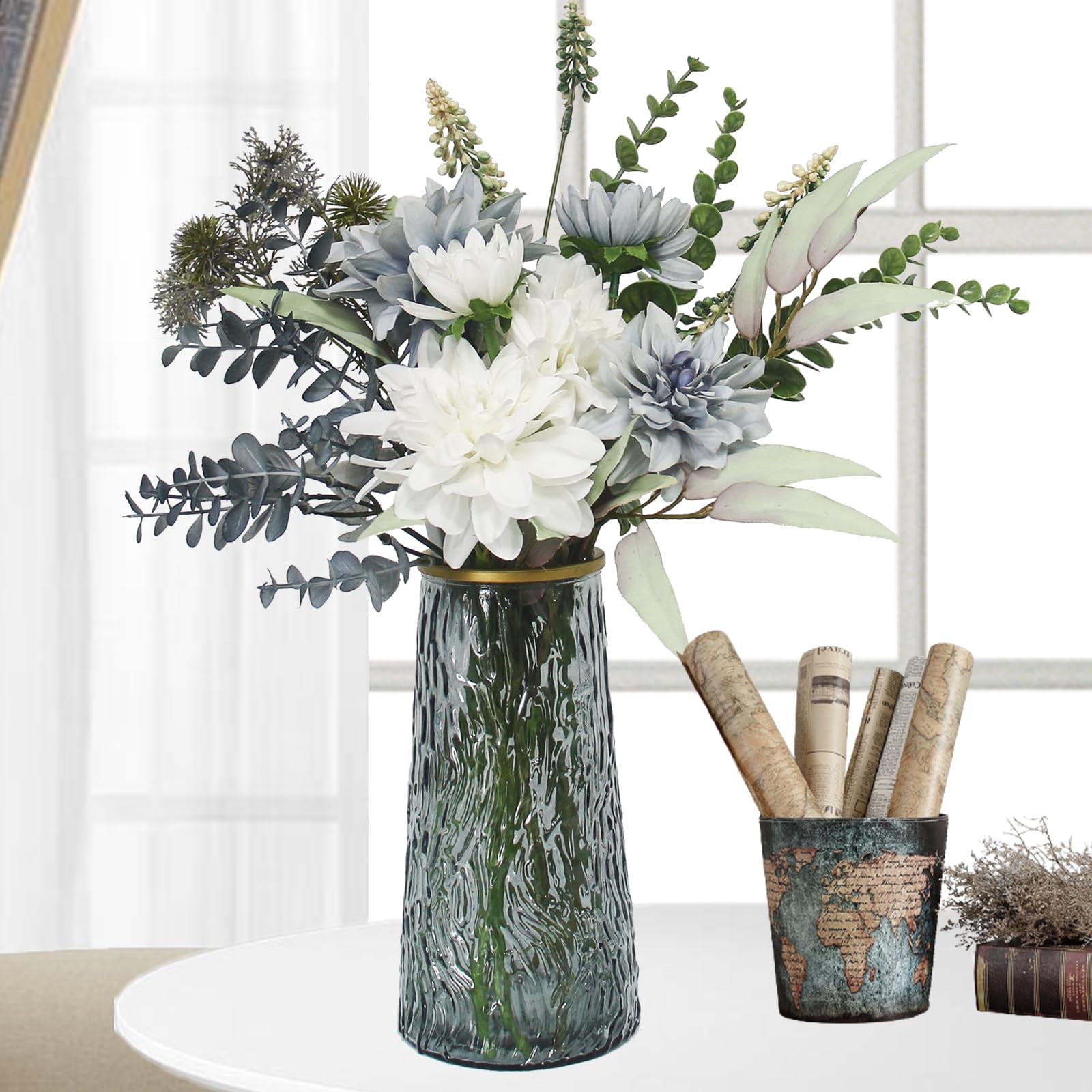 Artificial Flowers in Vase Dusty Blue Table Centerpiece for Home and ...