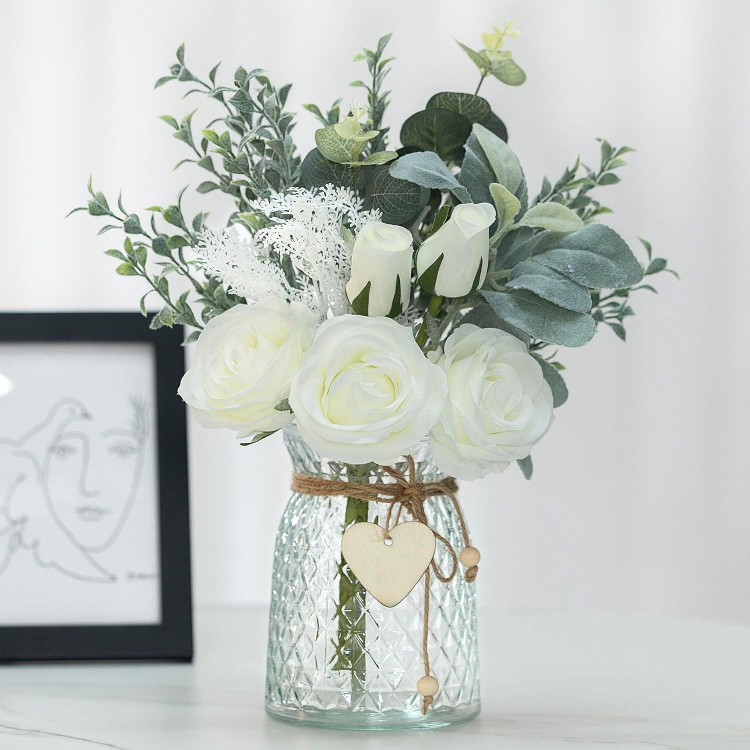 Artificial Flowers with vase，Fake Silk Roses in Vase for Home Decor ...