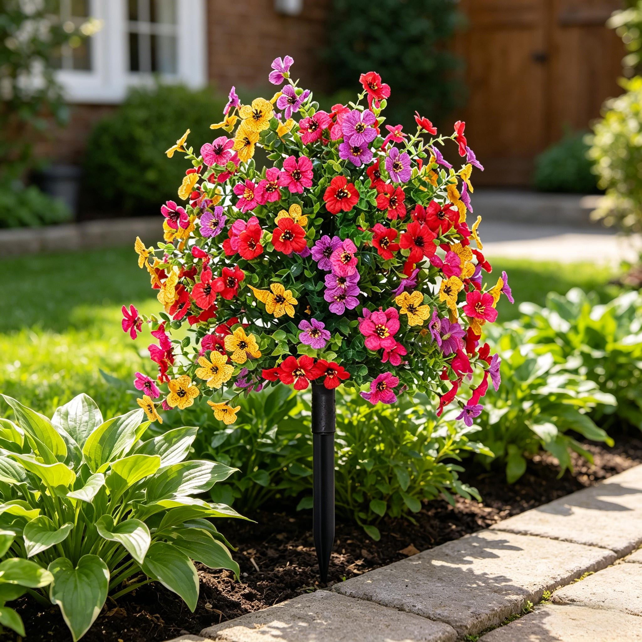 Artificial Flowers with Ground Spikes, Faux Shrubs for Garden, Outdoor ...