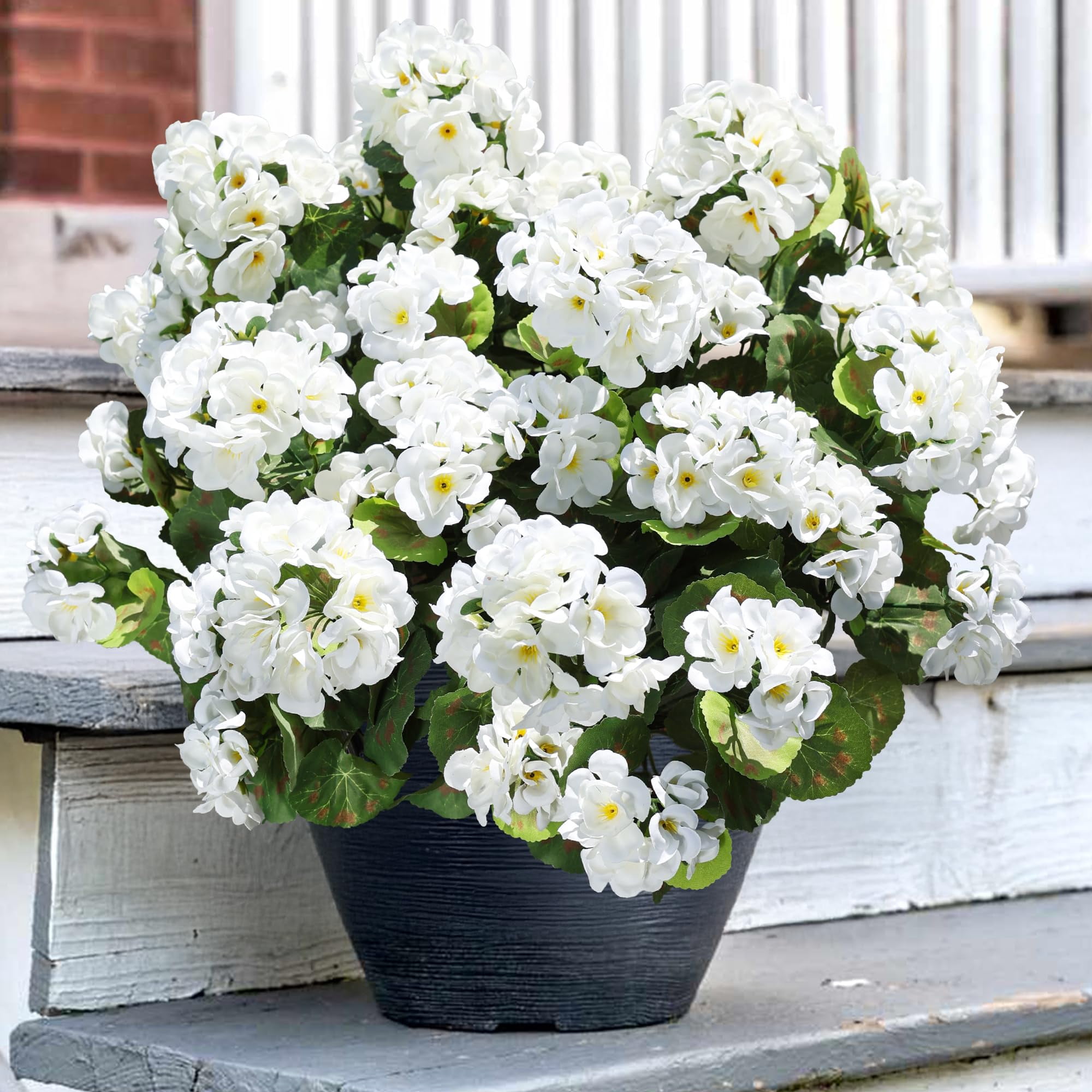 Artificial Geranium Flowers 6 White Silk UV Resistant Outdoor Indoor ...
