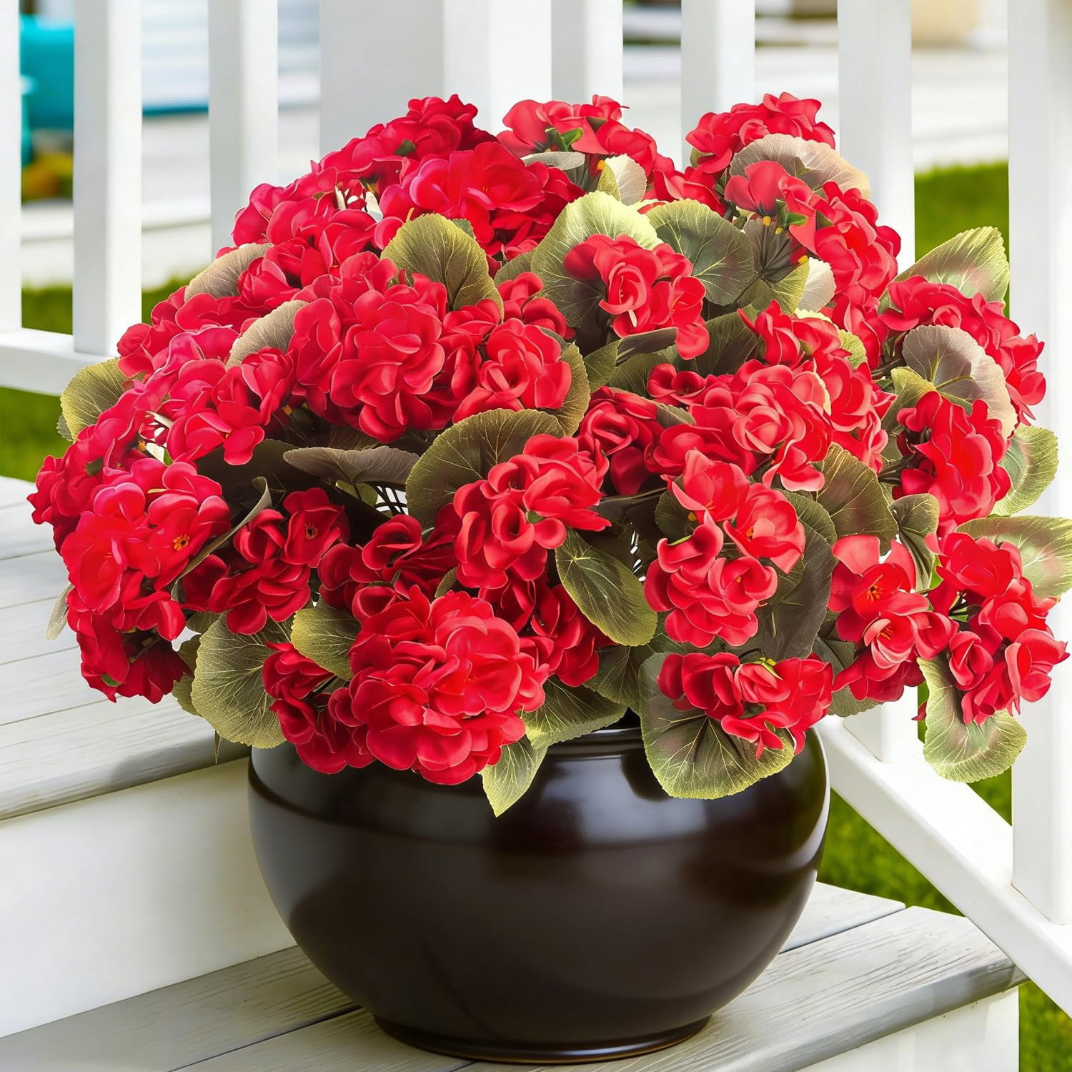Artificial Geranium Flowers, 8 Pack Red, UV Resistant Faux Silk Decor ...