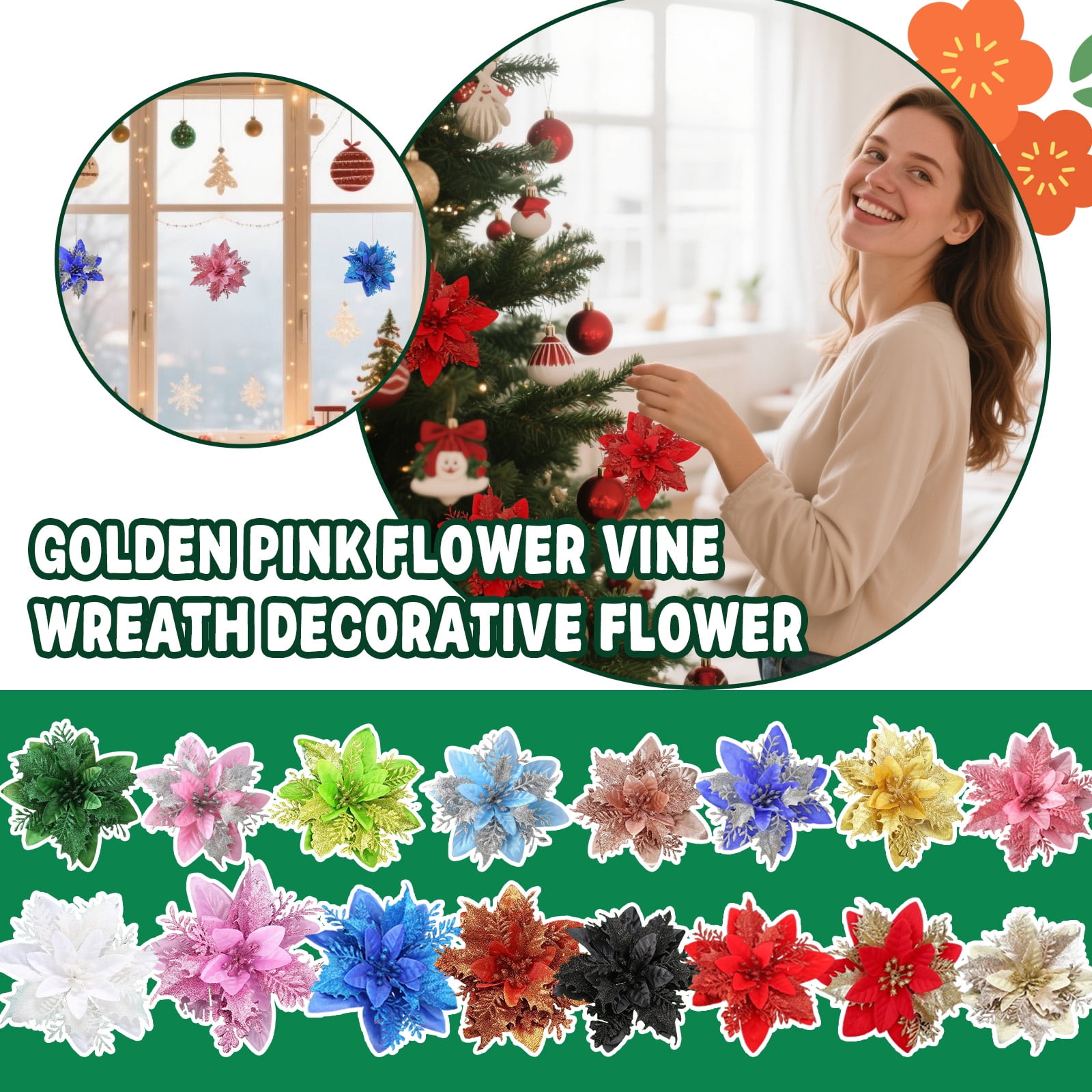 Artificial Glitter Poinsettia Clip Stem 5.5 Inch Multi-Layered Design ...