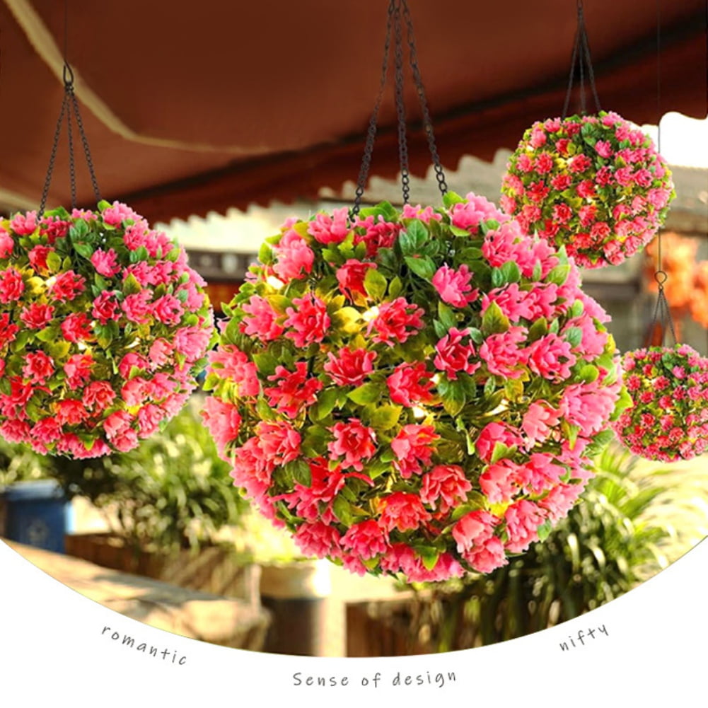 Artificial Grass Balls with Pink Flowers Ceiling Ball Hangings Simulate ...