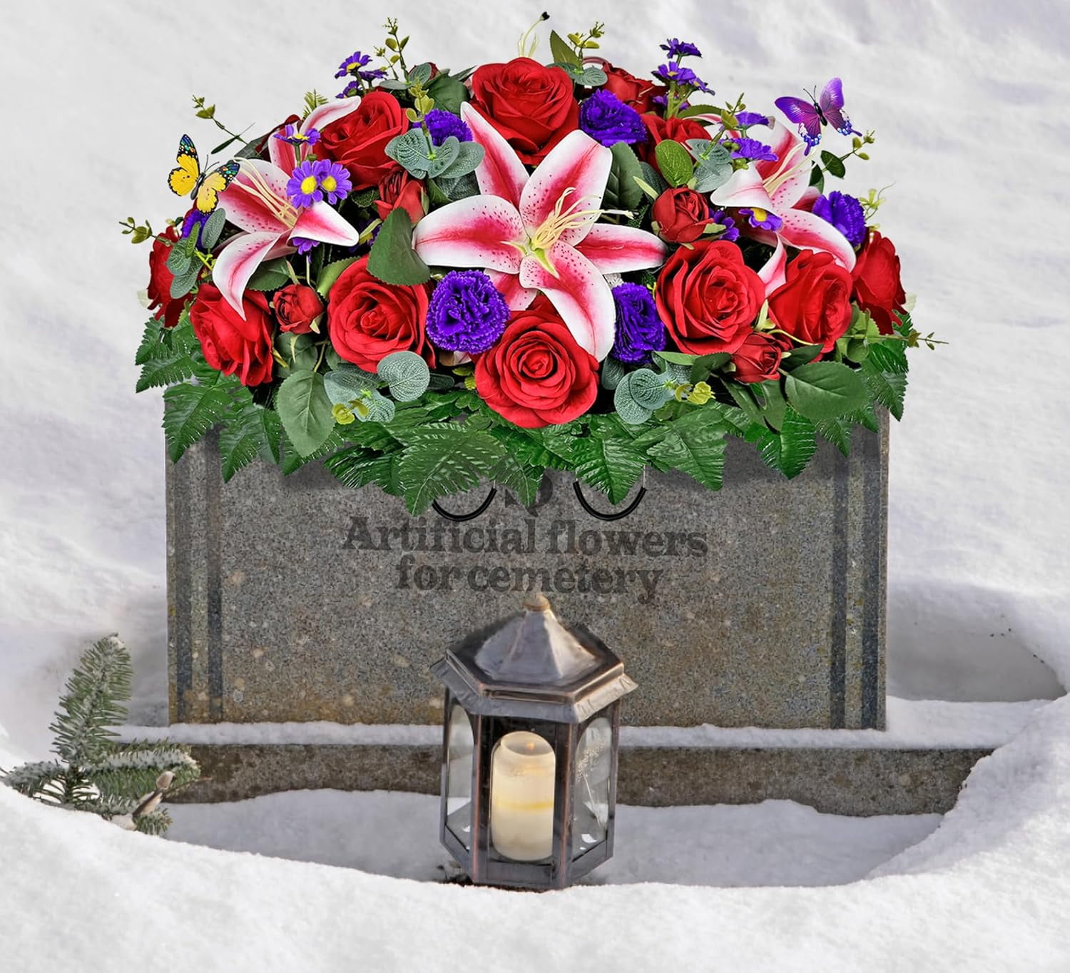 Artificial Grave Flower with Red and Pink Lily for Cemetery Headstone ...