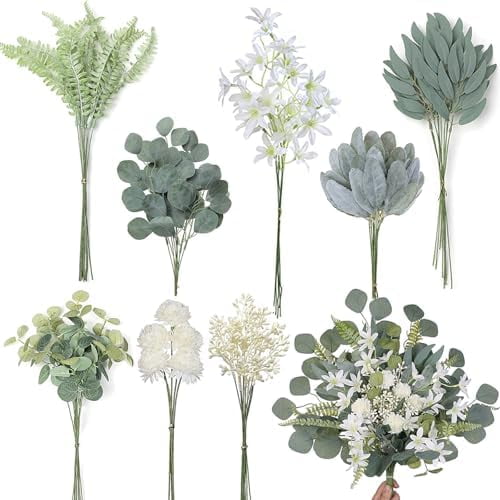 Artificial Greenery Stems Box Set(Pack of 65pcs) with 8 Kinds of Faux ...