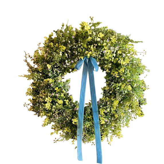 Artificial Greenery Wreath with Blue Ribbon – Faux Eucalyptus & Berry ...