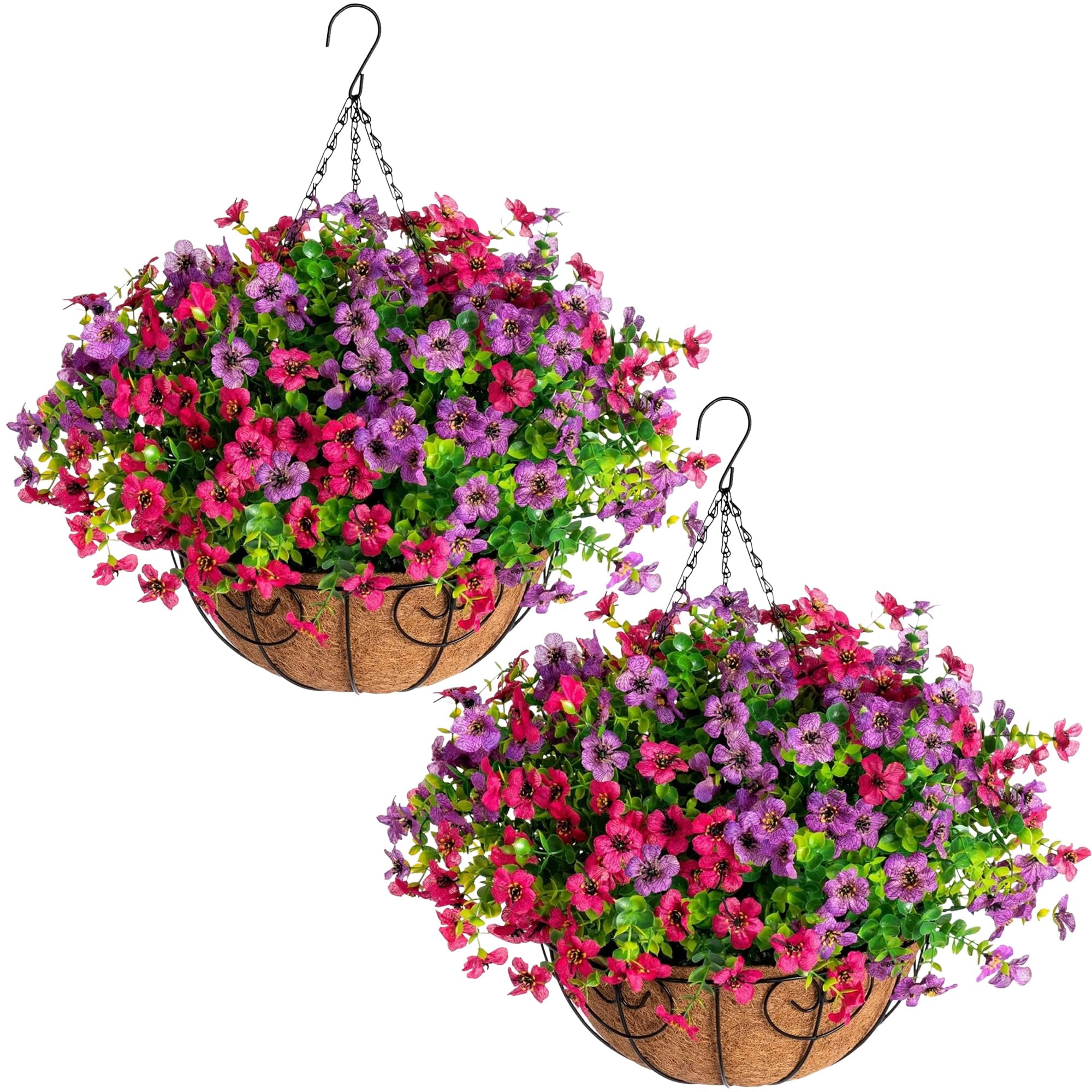Artificial Hanging Basket Flowers Purple&rose Red 2 Set Outdoor Indoor ...