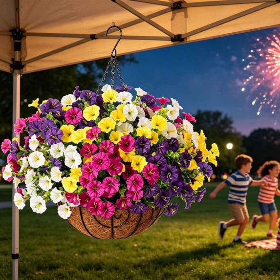 Artificial Hanging Flower Basket with Faux Flower, Multicolor Outdoor ...