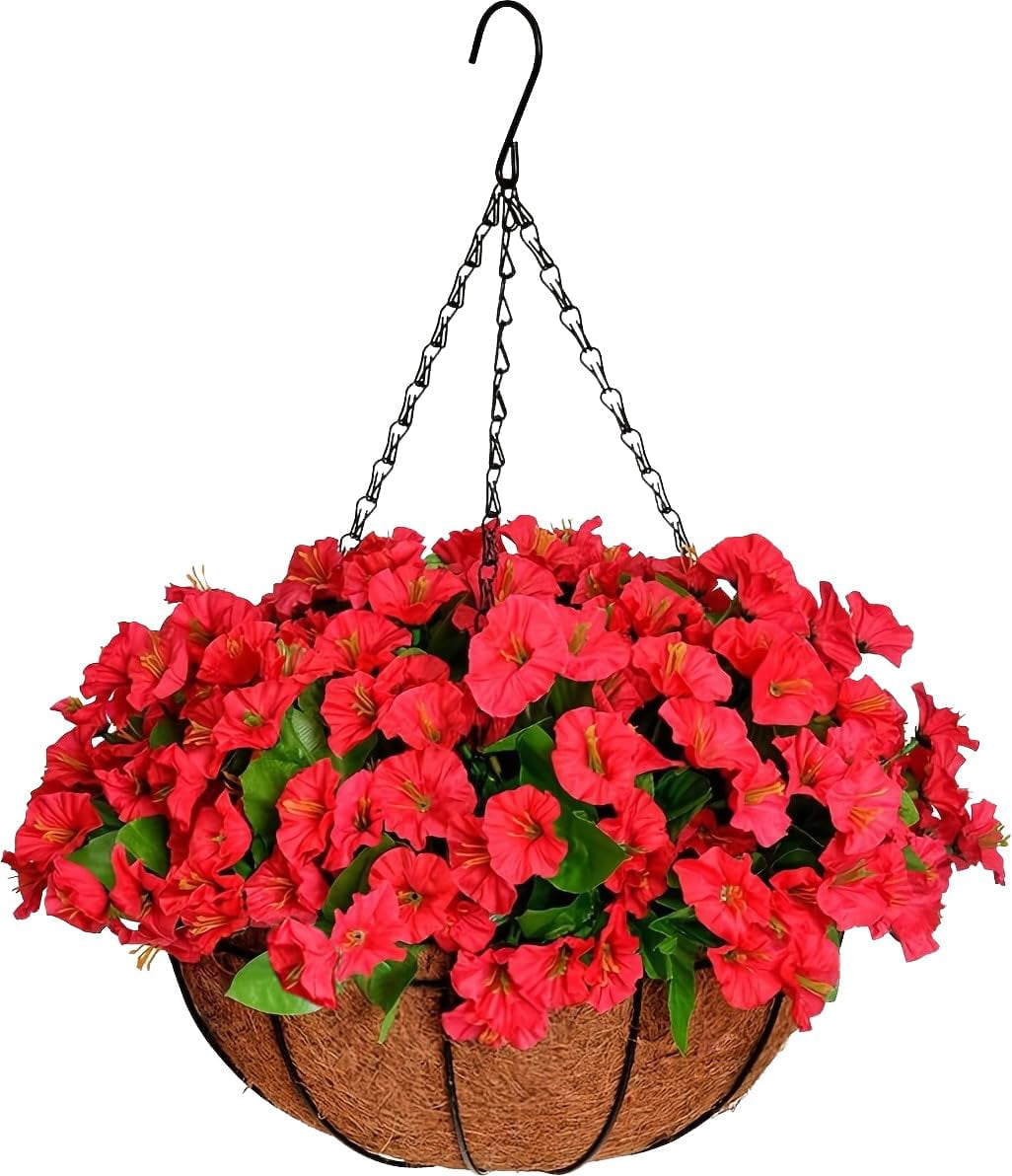 Artificial Hanging Flowers Basket for Outdoors, Fake Morning Glory ...