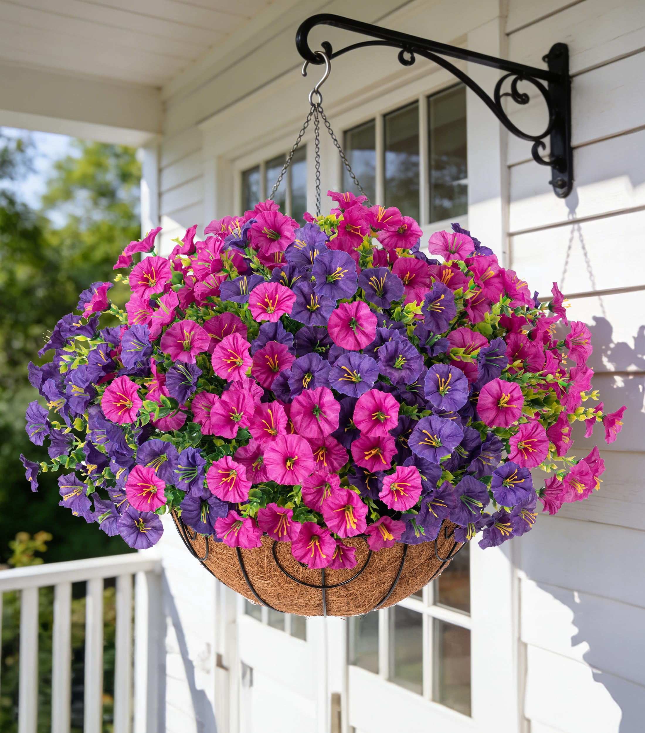 Artificial Hanging Flowers Basket Purple-fuchsia Silk Morning Glory ...