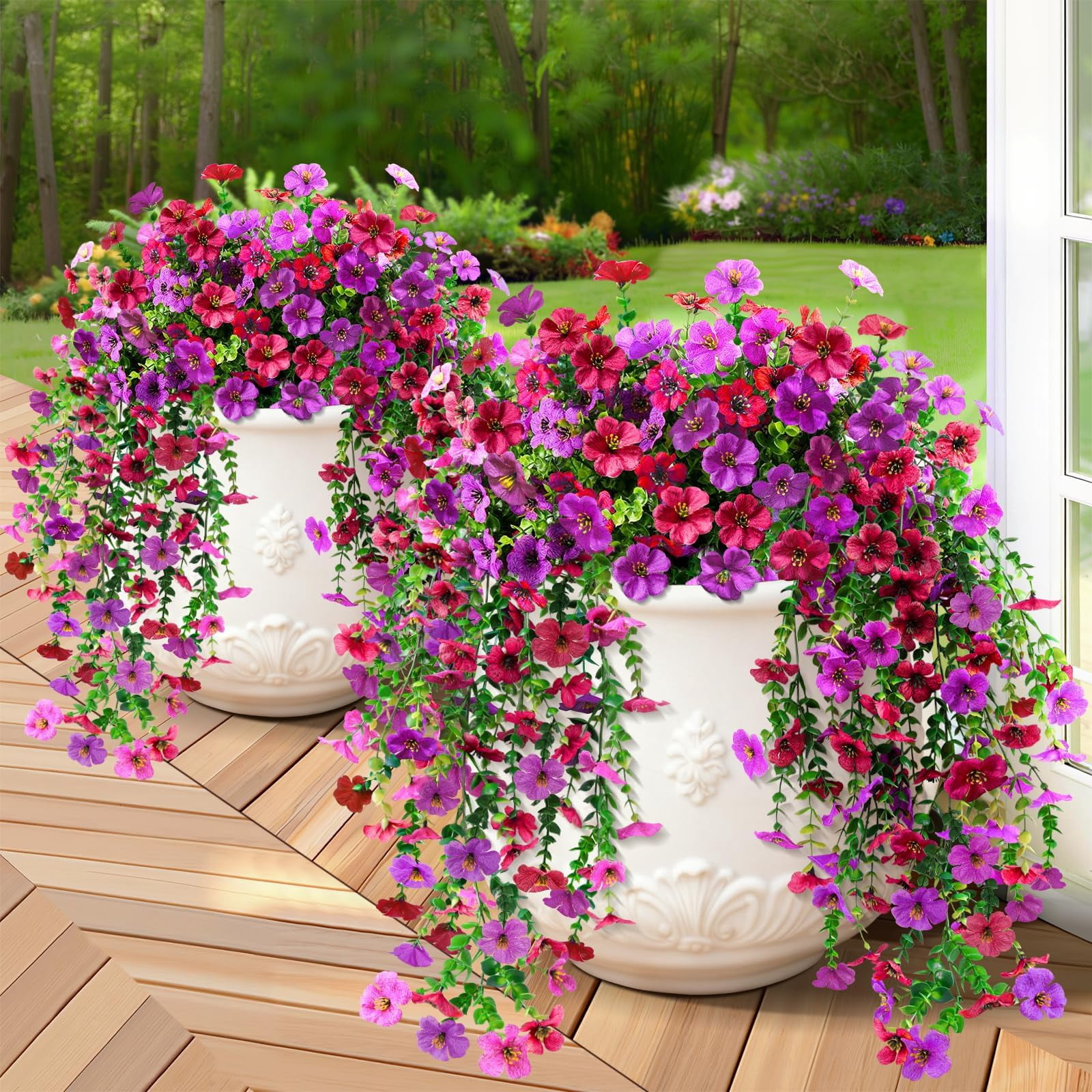 Artificial Hanging Flowers Red Purple 4 PCS For Outdoor Planters Patio ...