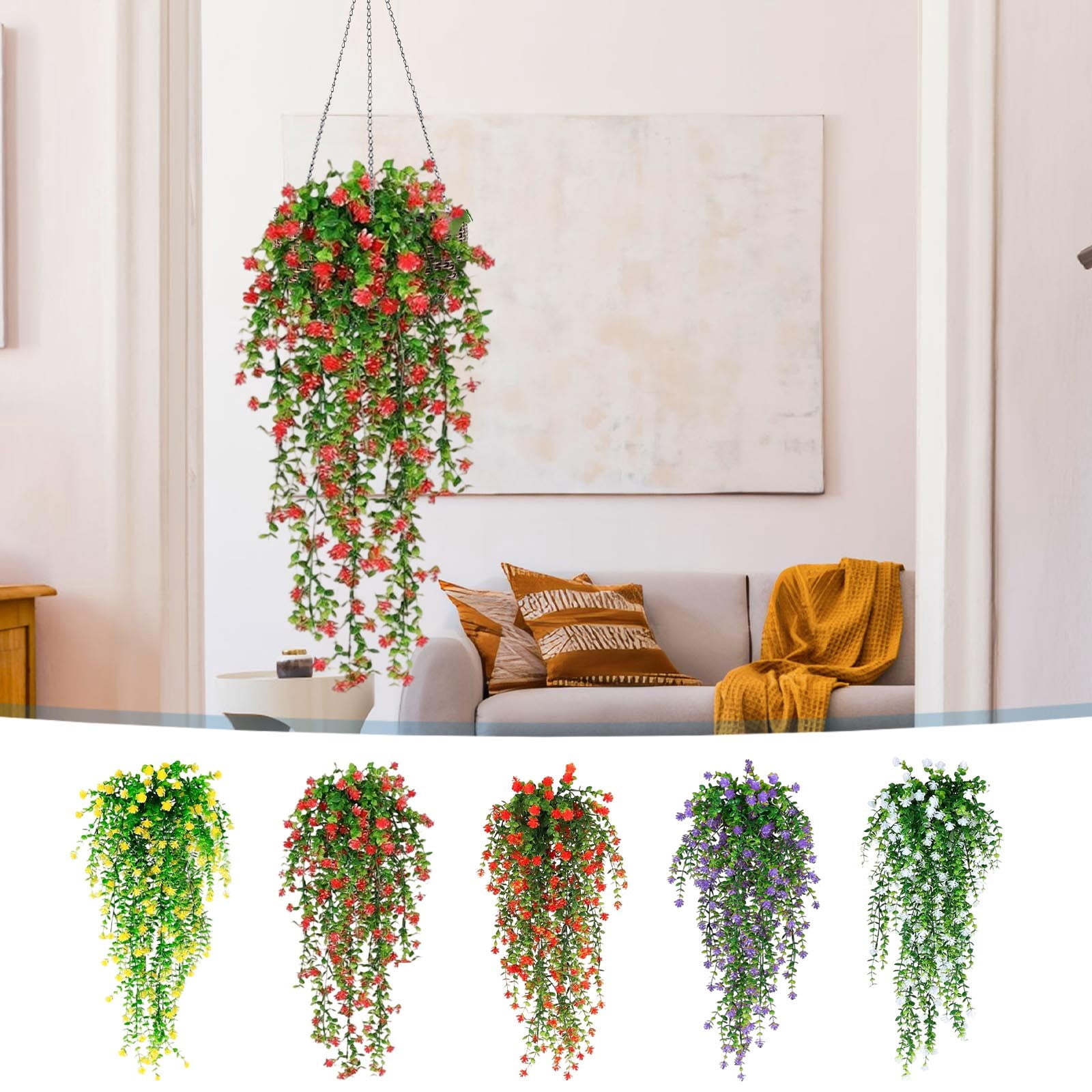 Artificial Hanging Flowers Vines Chlorophytum Plastic Outdoor Plants ...