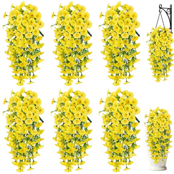 Artificial Hanging Flowers Yellow 6 Silk Morning Glory With Eucalyptus ...
