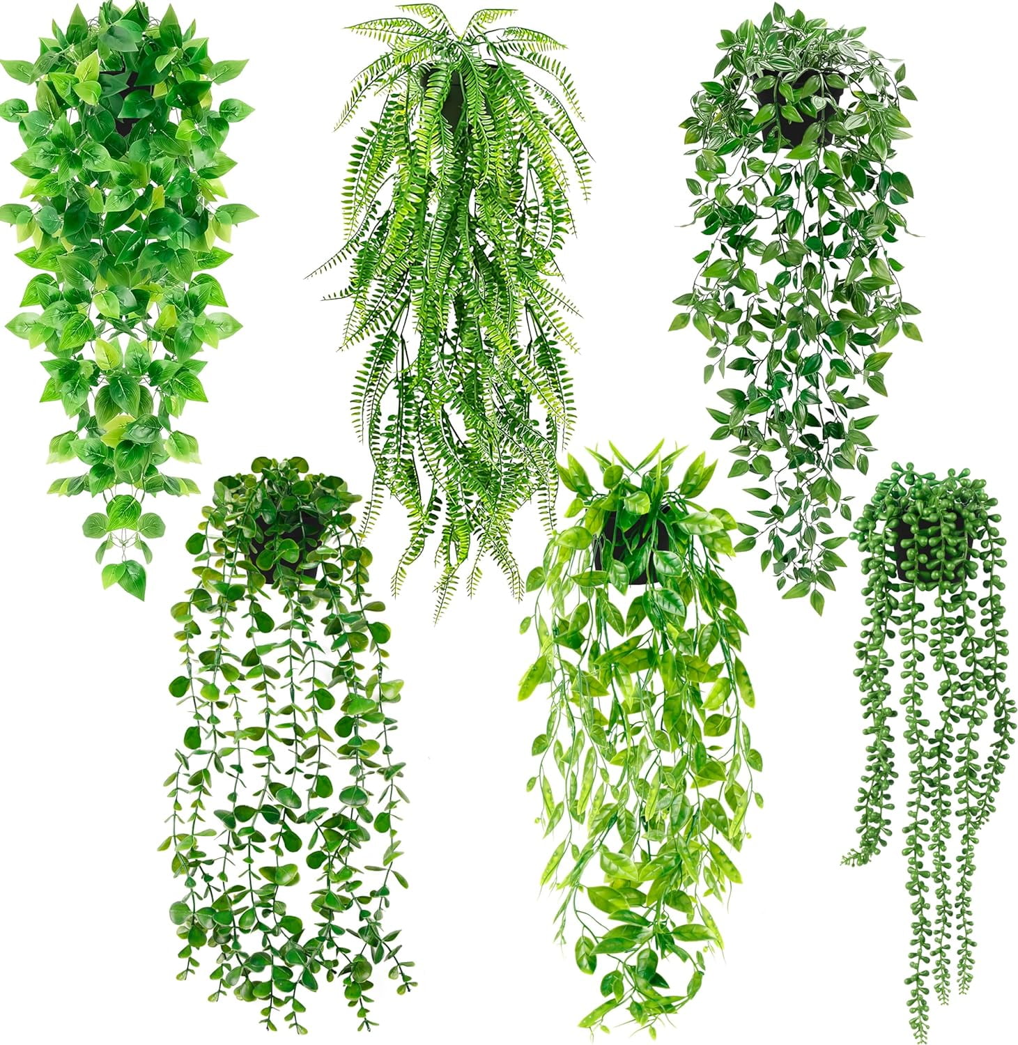 Artificial Hanging Plants for Shelf, 6 Pack Fake Potted Greenery Plant ...