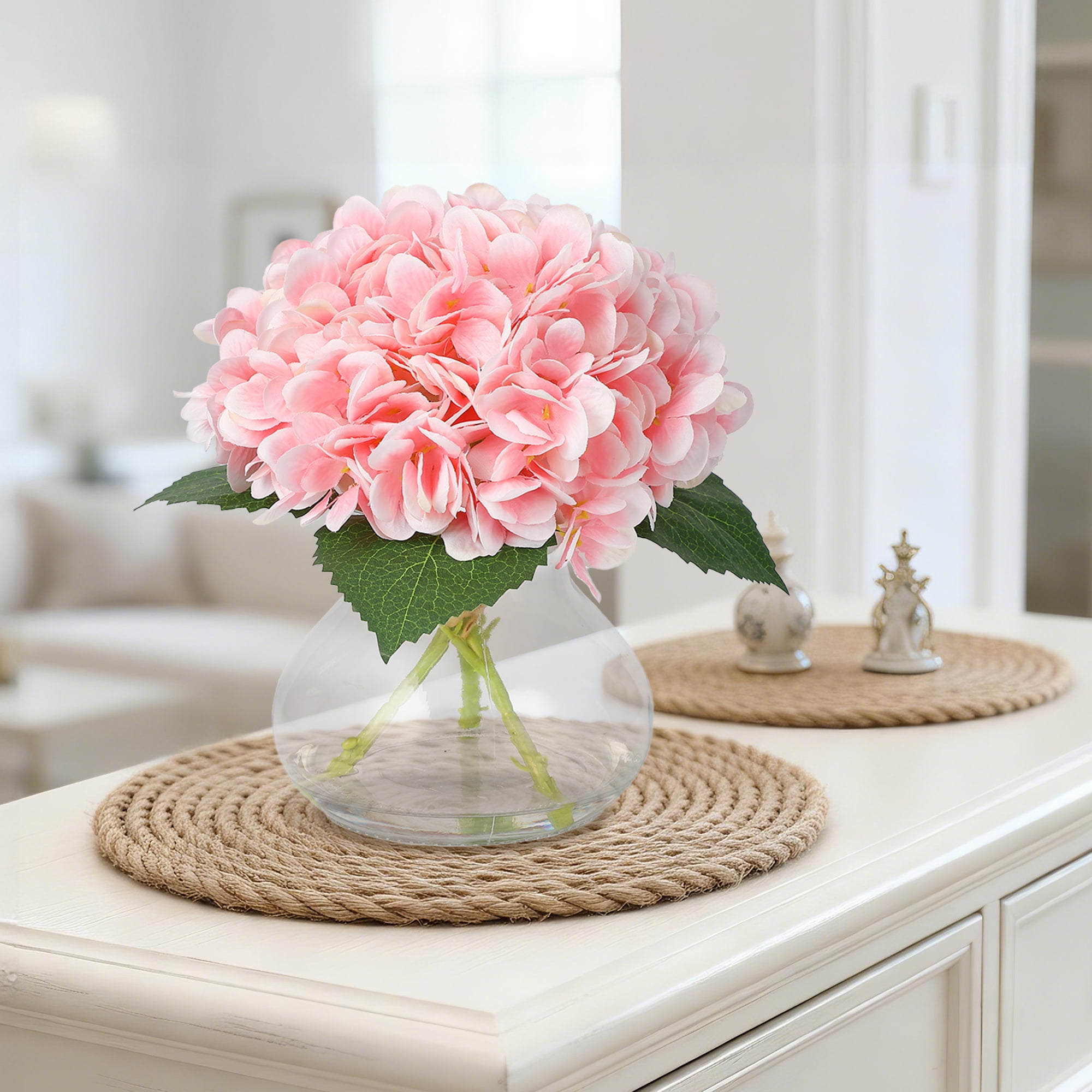 Artificial Hydrangea Arrangement in Glass Vase - Silk Fake Flowers with ...