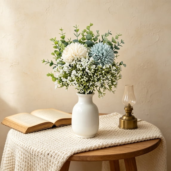 Artificial Hydrangea Baby's Breath Bouquet - Beige Plastic Faux Flowers ...
