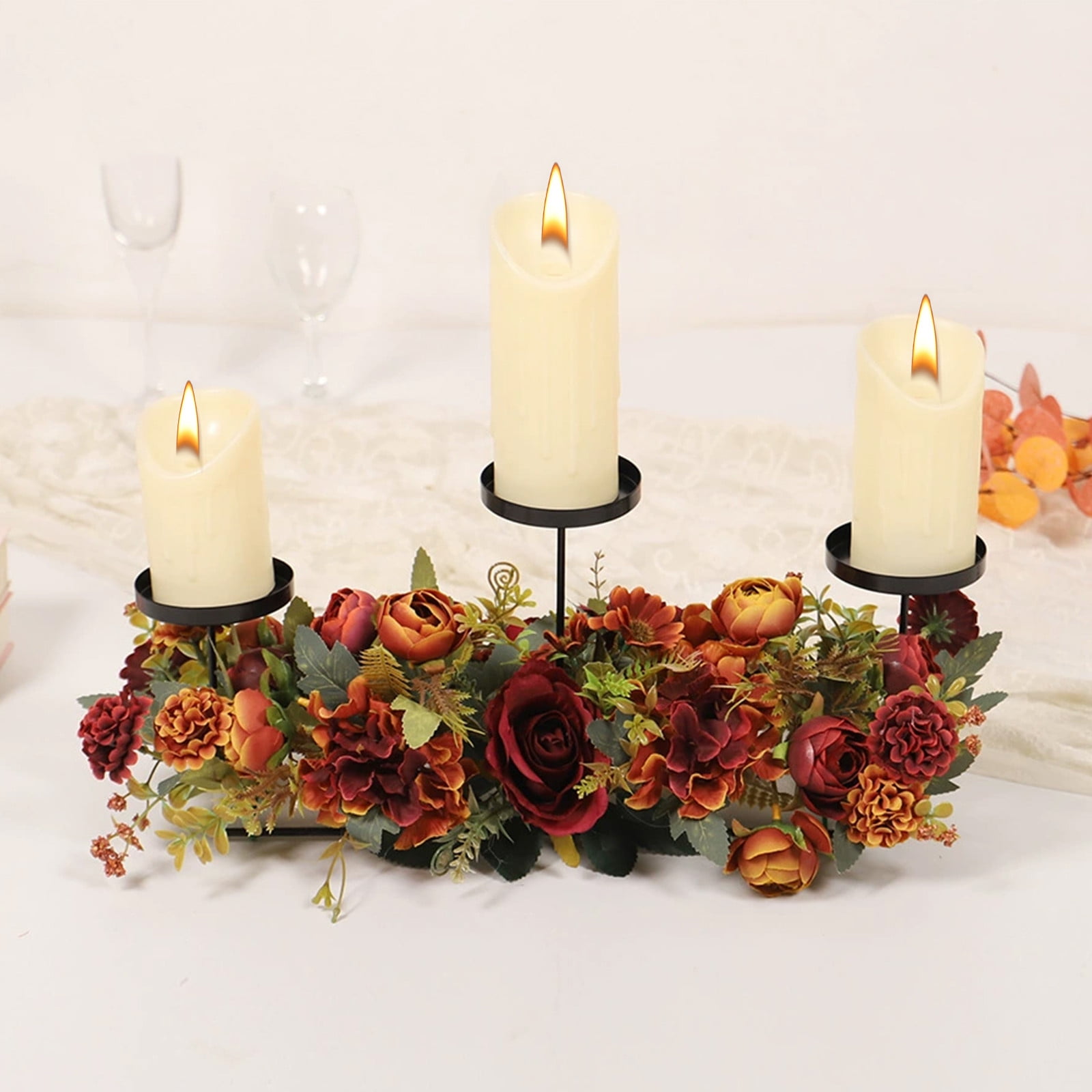 Artificial Hydrangea Candle Holder Arrangement | Iron Base | Multicolor Faux Floral Wreath ...