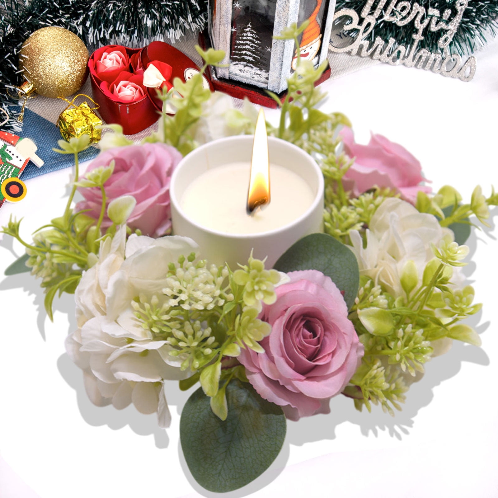 Artificial Hydrangea Rose Candle Holder Wreath | Christmas Table ...