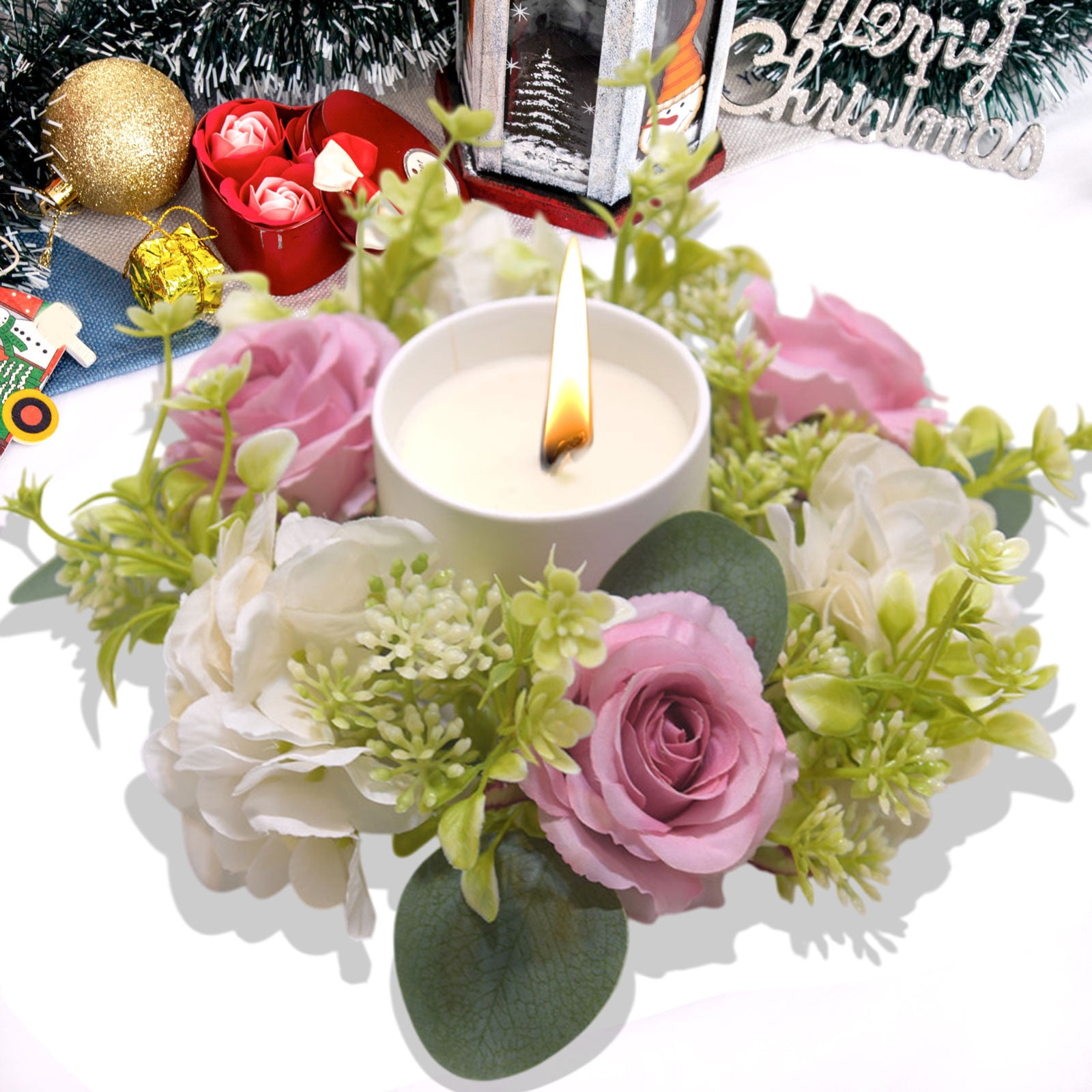 Artificial Hydrangea Rose Candle Holders Wreath - Silk Floral Ring for ...