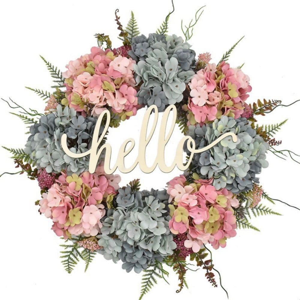 Artificial Hydrangea Wreaths for Front Door 18 Inch Spring Wreath Hello ...
