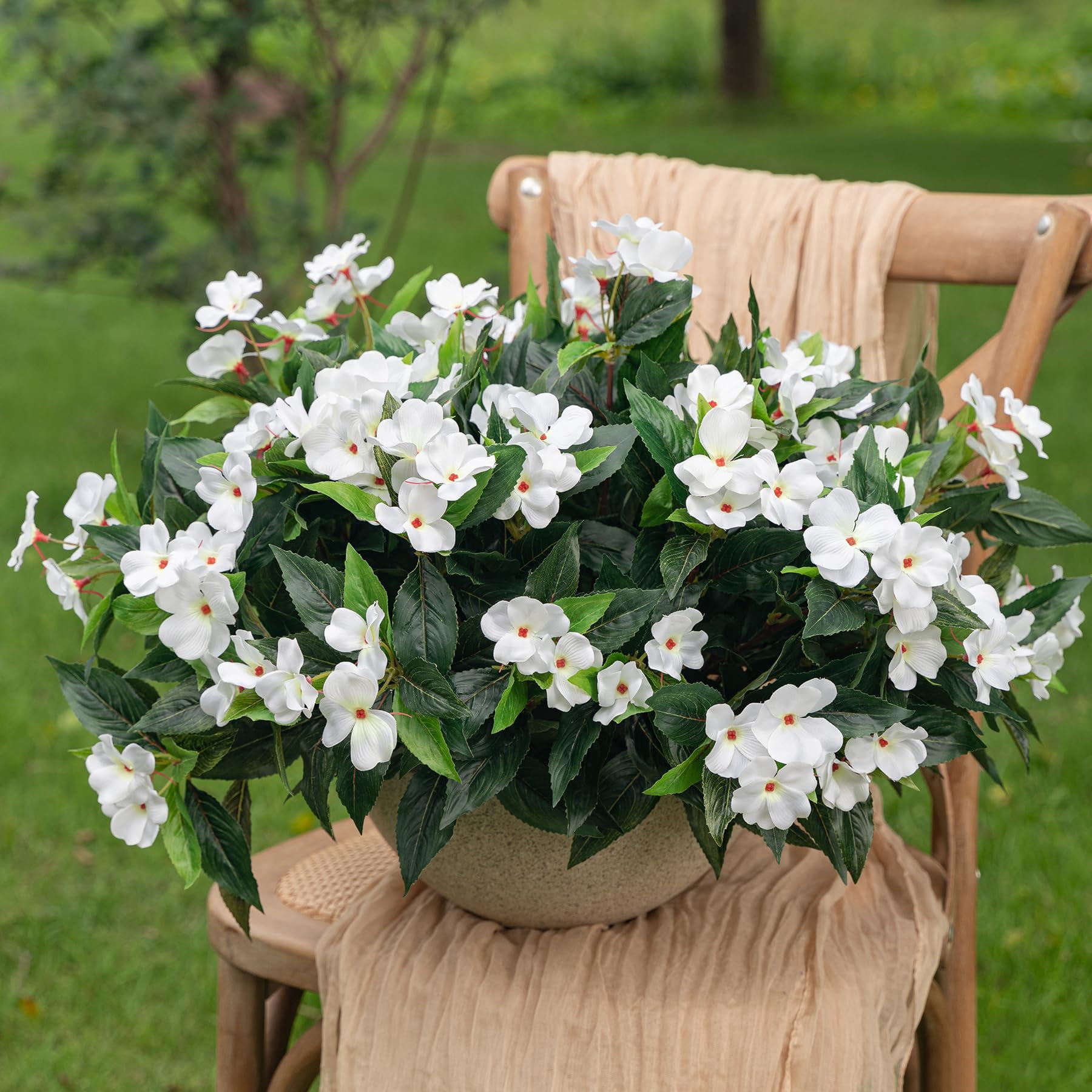 Artificial Impatiens Silk Bouquet White-8 8pcs Indoor Outdoor Decor ...