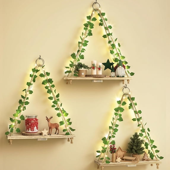 Artificial Ivy LED-Strip Floating Shelves Set of 3, Macrame Hanging ...