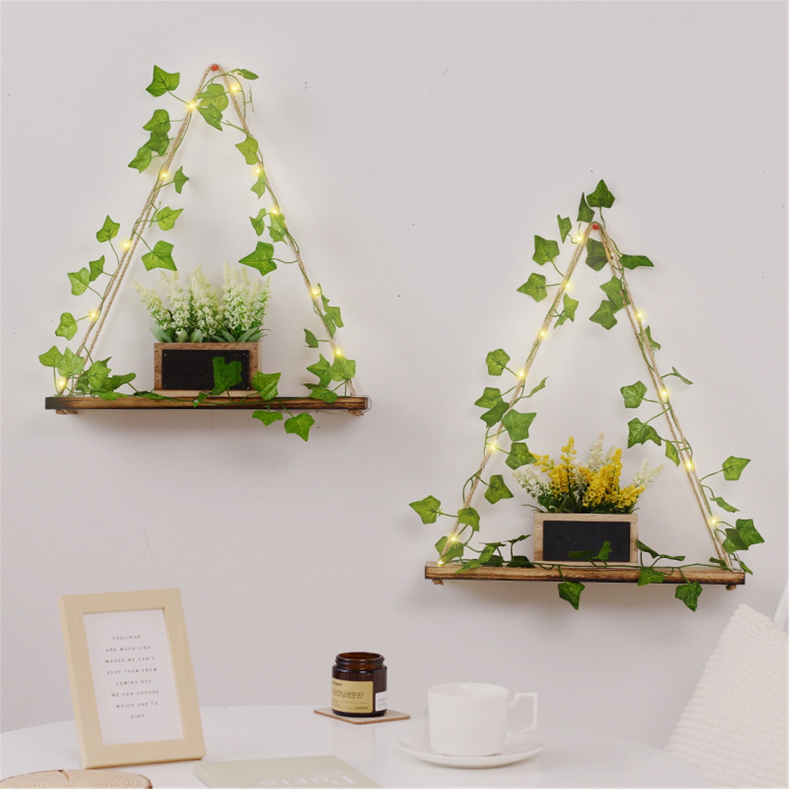 Artificial Ivy LED-Strip Wall Hanging Shelves Set of 2, Macrame Shelf ...