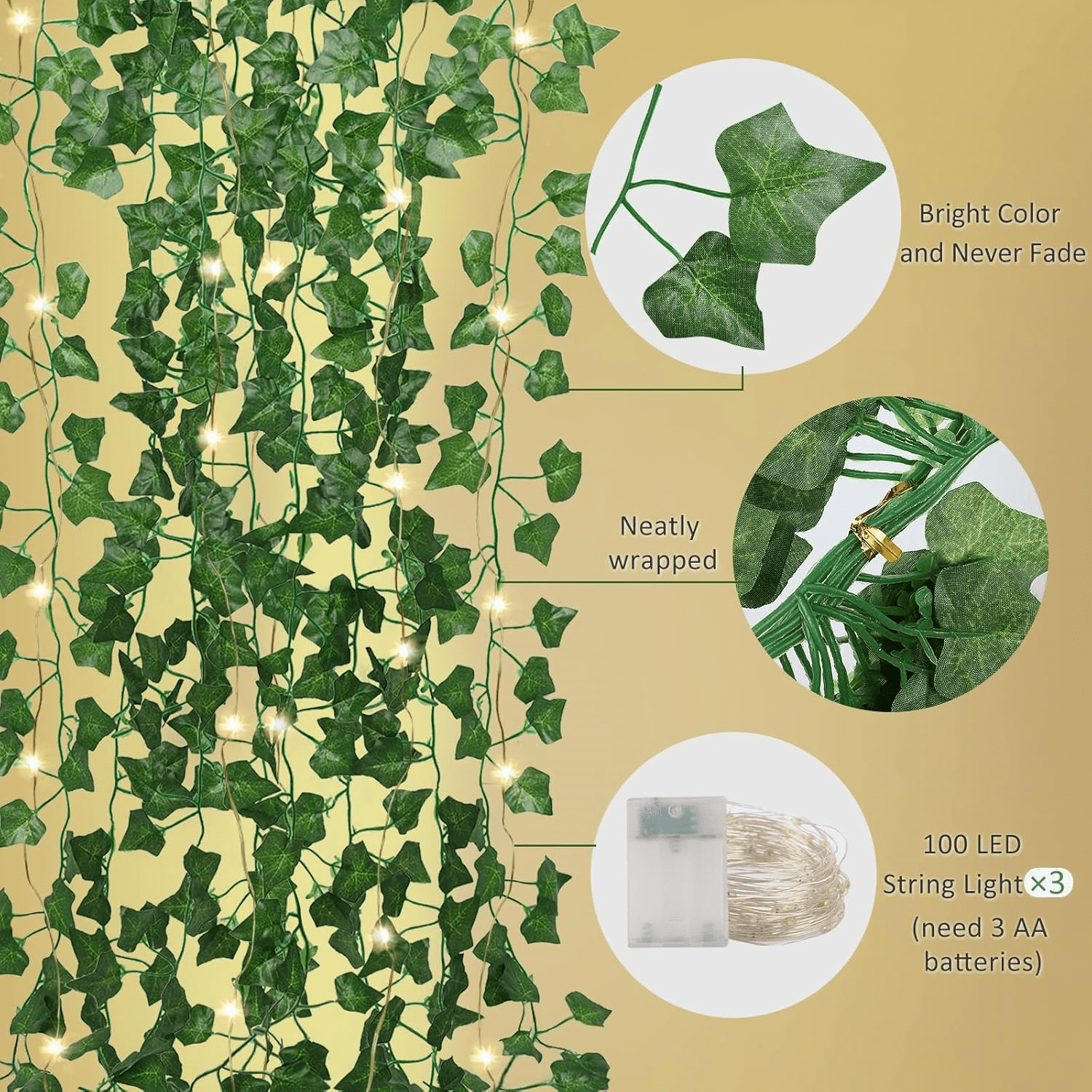 Artificial Ivy Vines 250 FT with 300 LED String Light Leaf Garland Fake ...