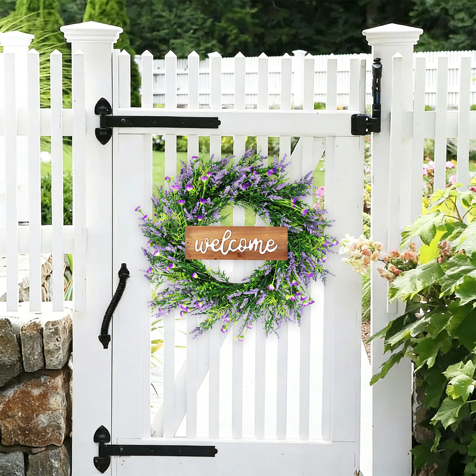 Artificial Lavender Welcome Wreath 19.6in – Waterproof Plastic Floral ...