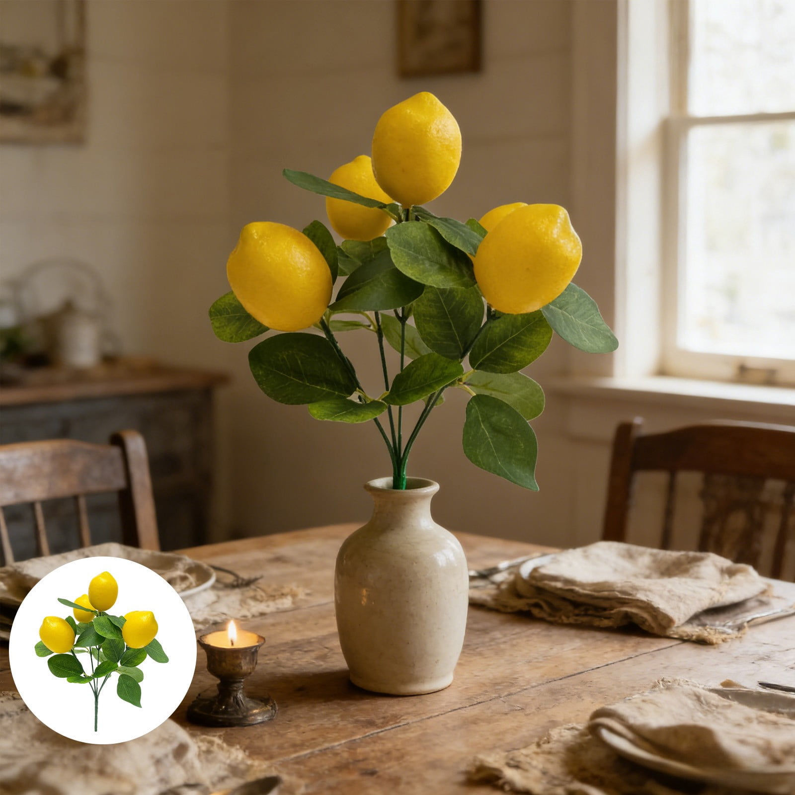 Artificial Lemon Branch with 5 Forks and Green Leaves – Yellow Fake ...