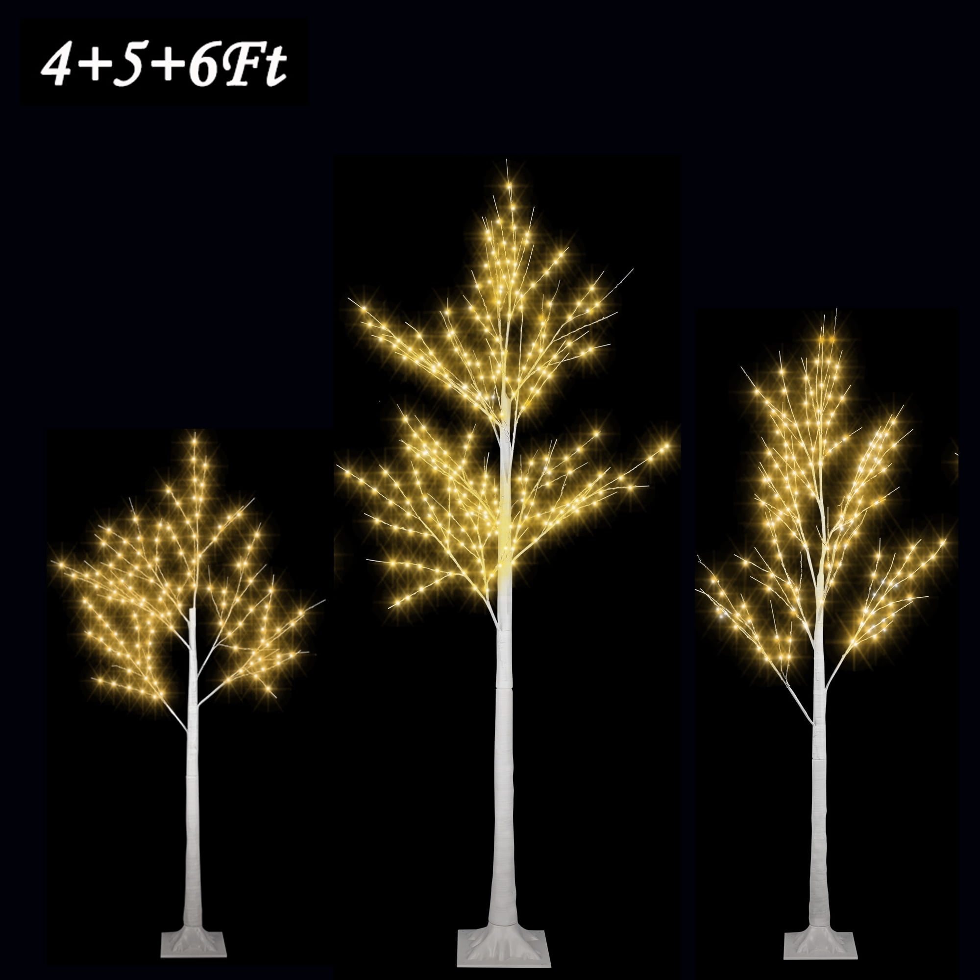 Artificial Lighted Birch Trees Set of 3, White Pre-Lit Christmas Trees ...