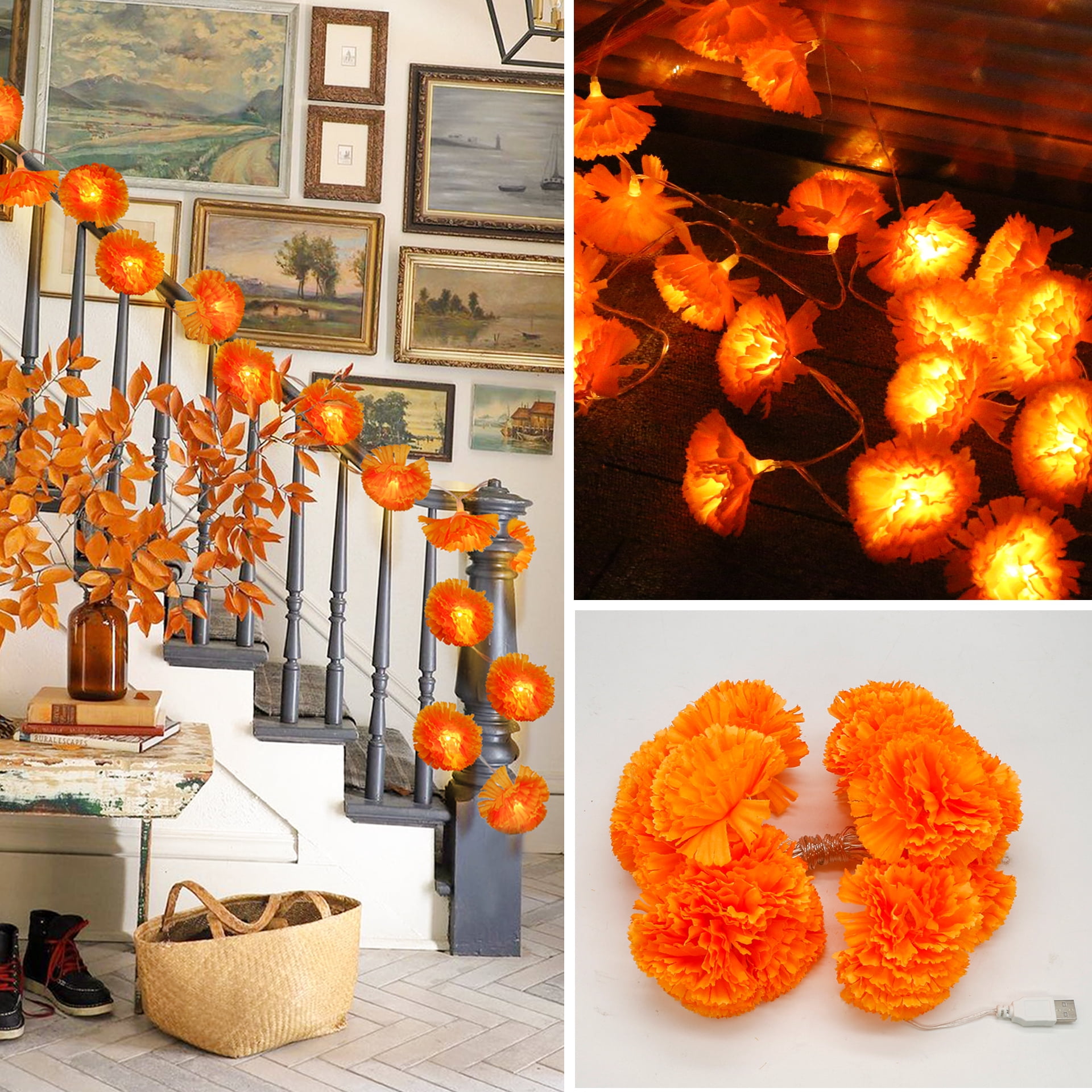 Artificial Marigold Flowers String Lights - 2 Packs USB-Powered Fabric ...