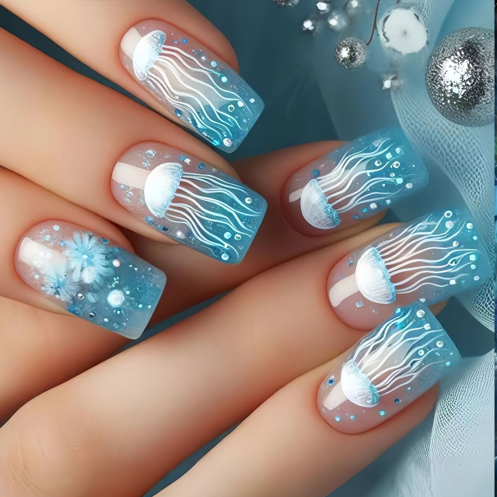 Artificial Nails Jellyfish Pattern Square False Nails Translucent ABS ...
