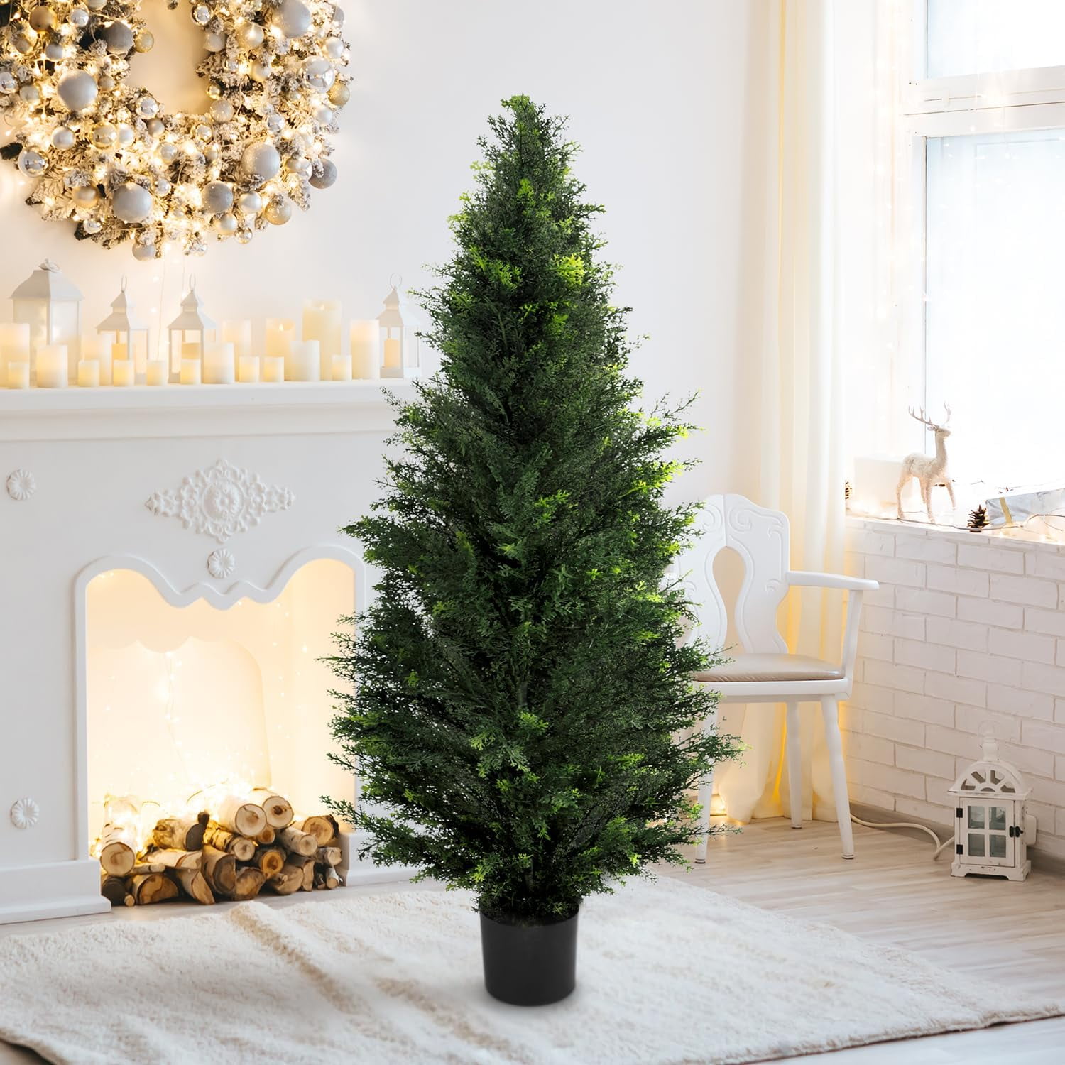 Artificial Narrow Christmas Trees 5Ft Tall Cedar Tree Faux Topiary Set ...