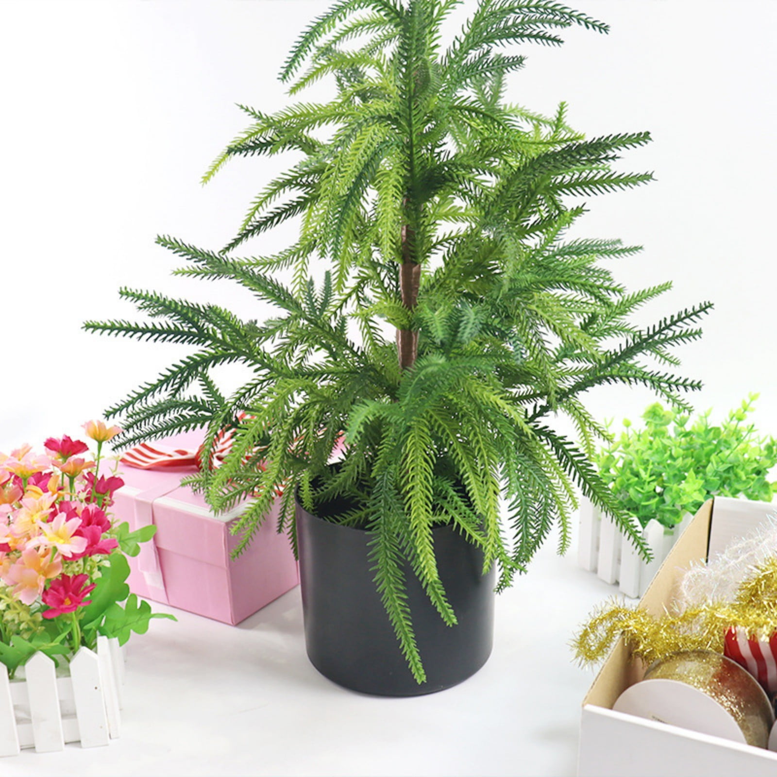 Artificial Norfolk Tree Faux Christmas Tree Potted Green for Front Porch Christmas Indoor ...