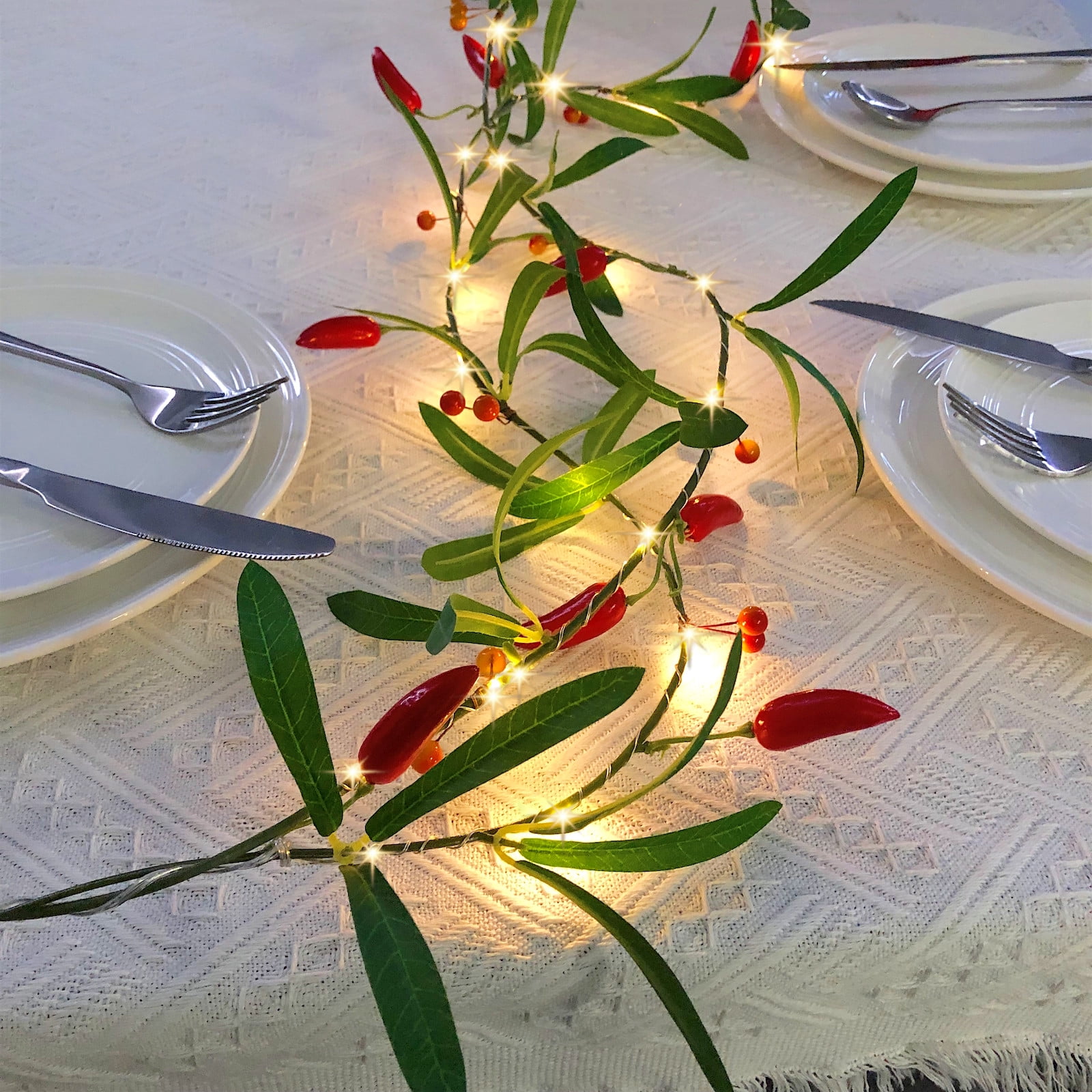 Artificial Olive Leaf Chili Berries Vine Garland with LED String Lights ...