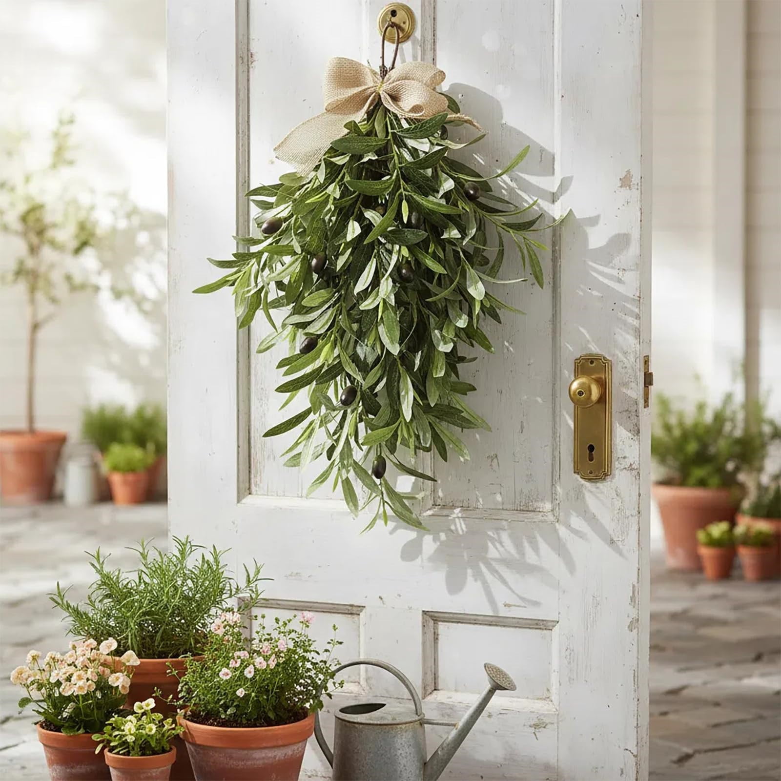 Artificial Olive Swag Wreath,Faux Green Olive Garland with Bow ...