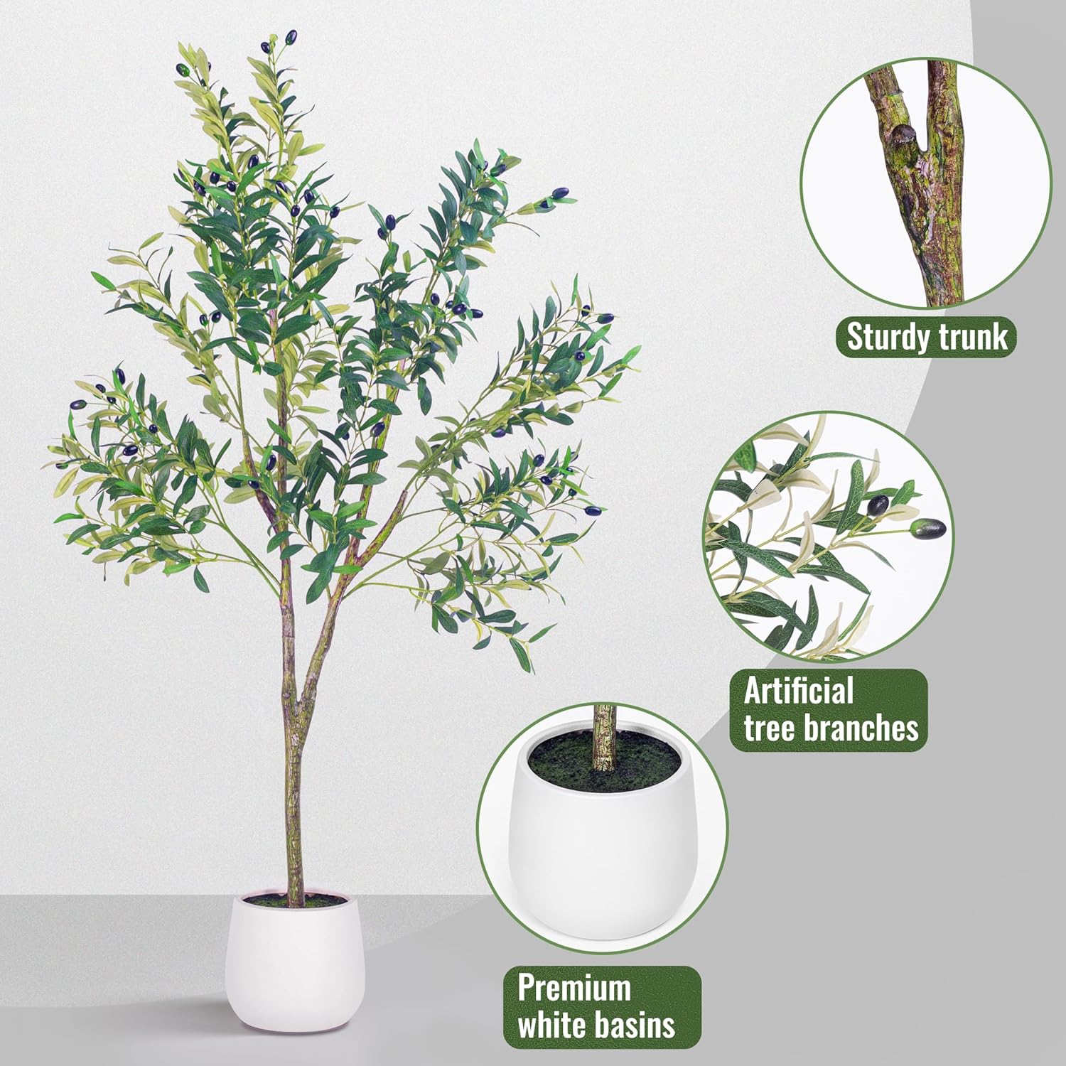 Artificial Olive Tree, 5FT Tall Faux Olive Tree with White Tall Planter ...