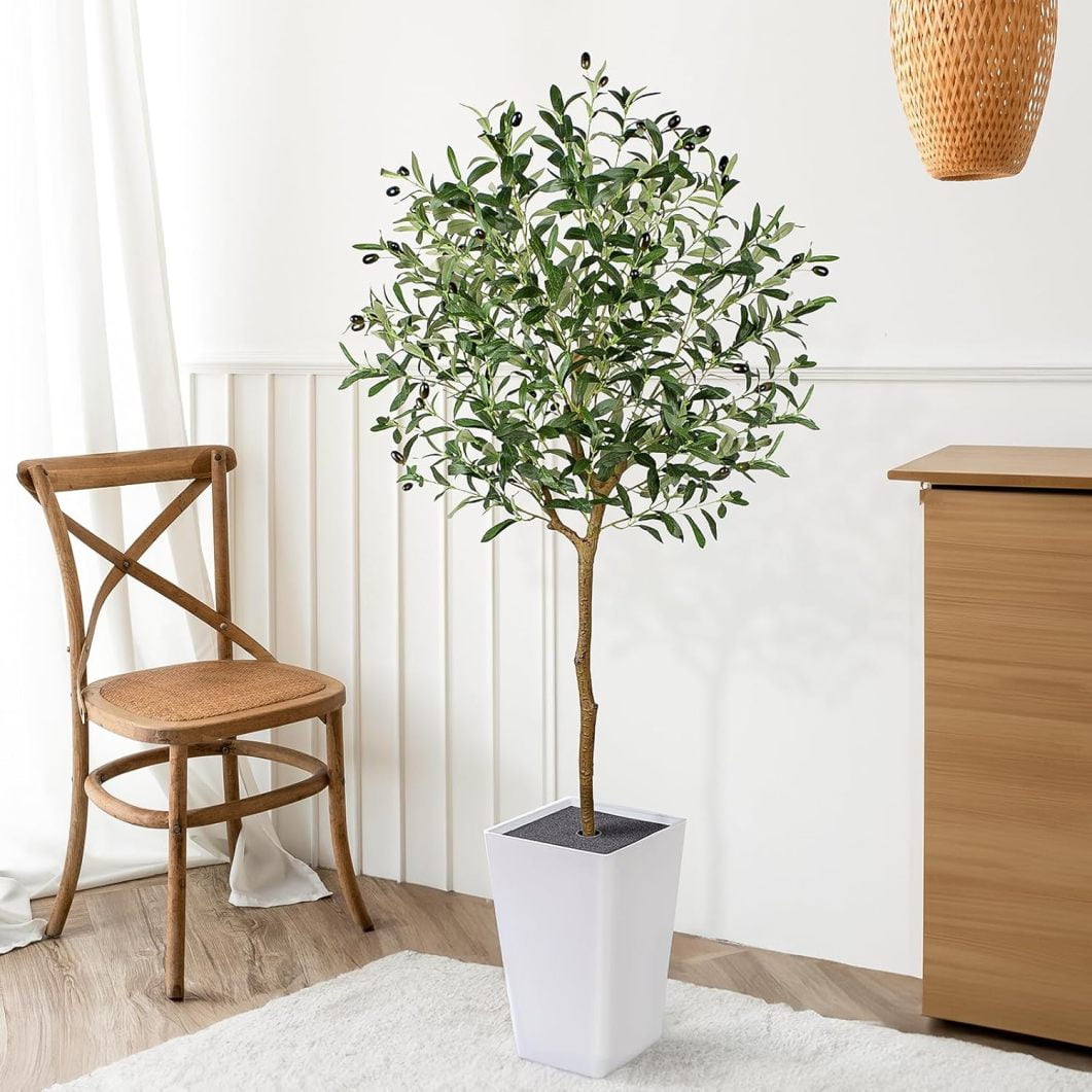 Artificial Olive Tree with White Tall Planter, 5ft Tall Potted ...